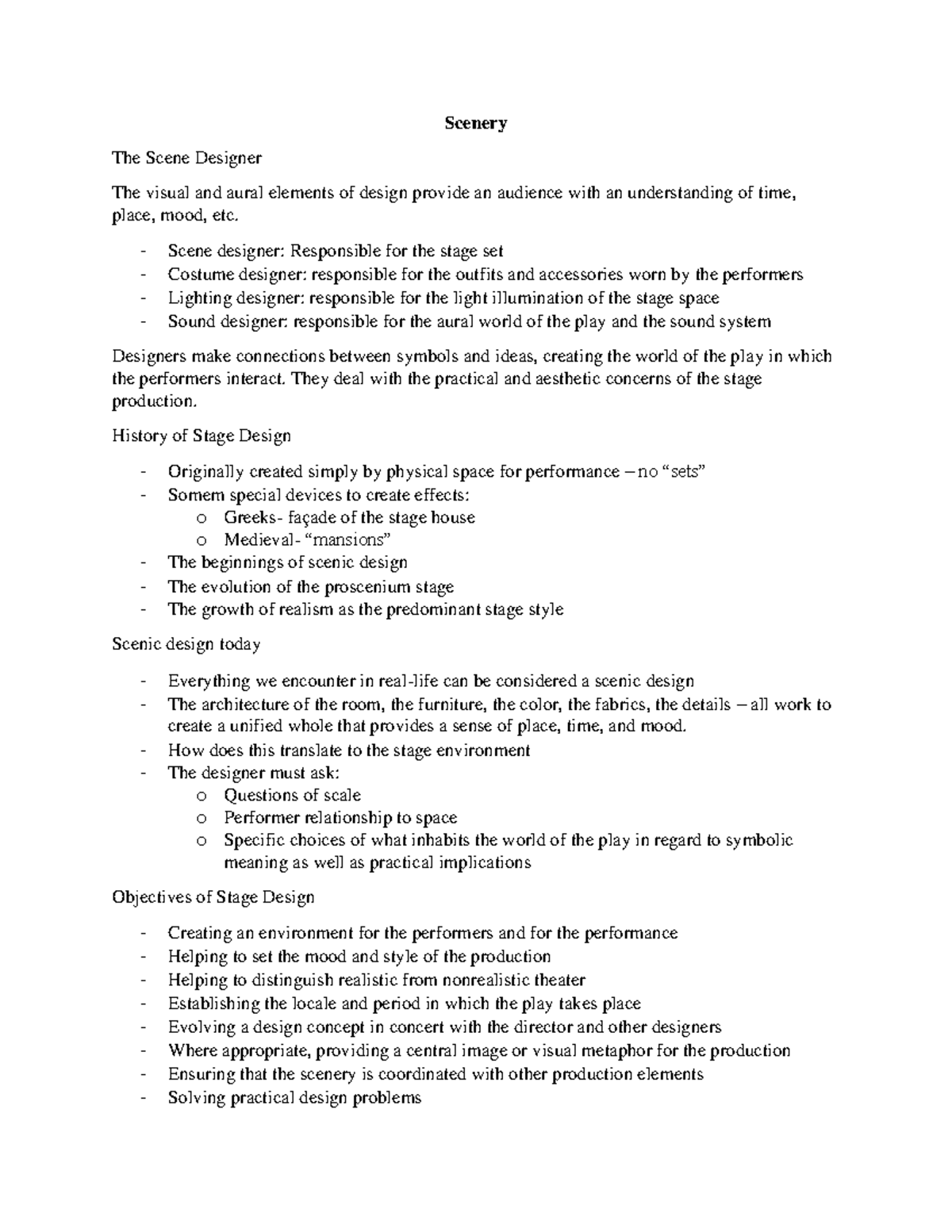 Scenery - class notes - Scenery The Scene Designer The visual and aural ...