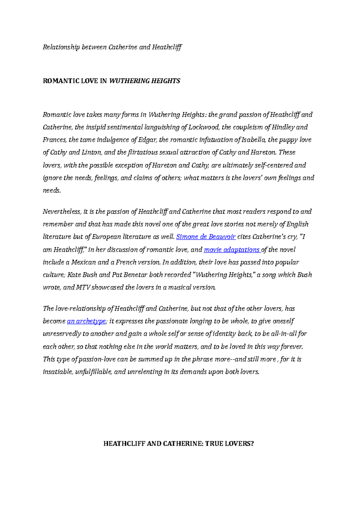 Wuthering Heights Relationships between Catherine and Heathcliff ...