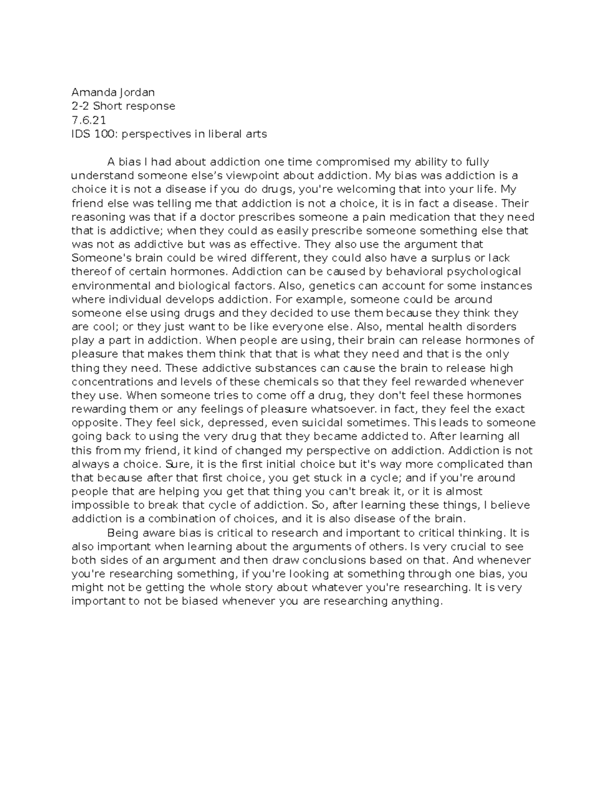 2-2 Short Response - 2-2 - Amanda Jordan 2-2 Short response 7. IDS 100 ...