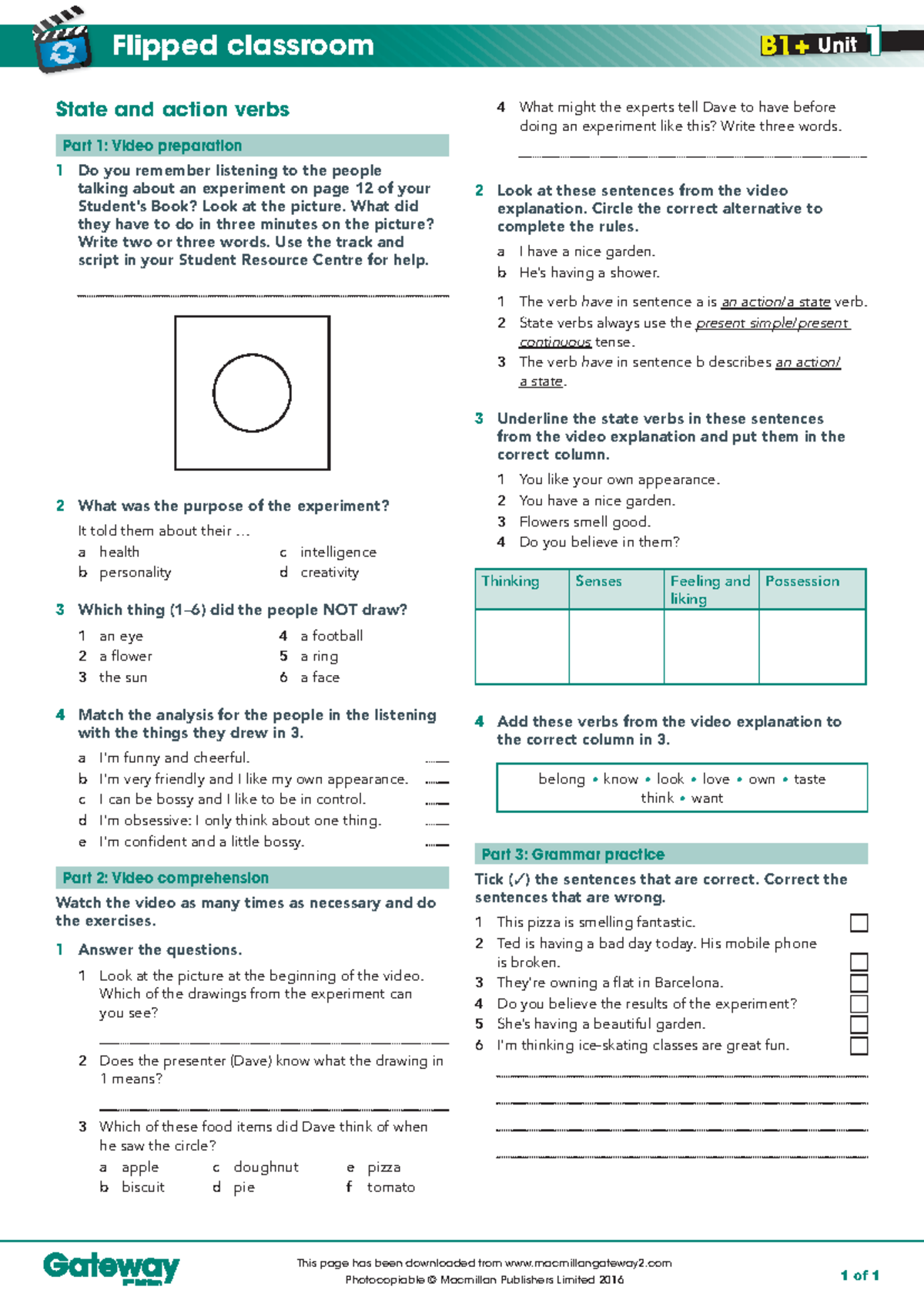 B1+ UNIT 1 Flipped classroom video worksheet - State and action verbs ...