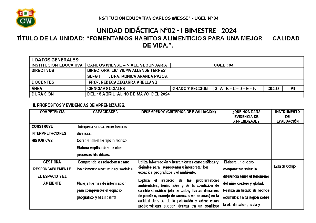 Unidad DE Aprendizaje - UNIDAD DIDÁCTICA N°02 - I BIMESTRE 2024 TÍTULO DE LA UNIDAD: “FOMENTAMOS ...