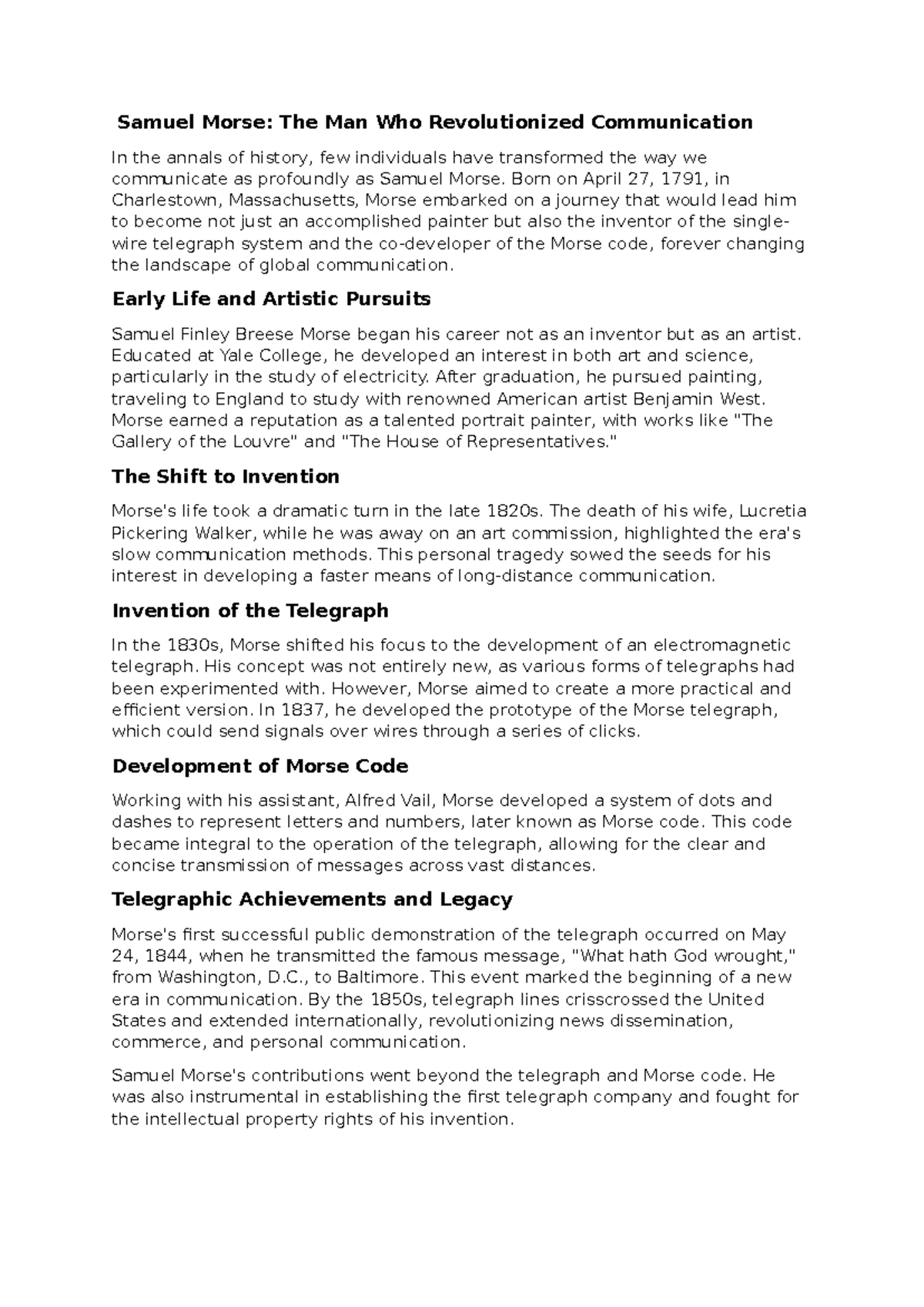 Samuel Morse - Essay - Samuel Morse: The Man Who Revolutionized ...