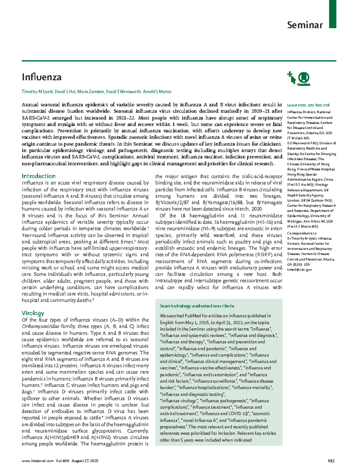 Influenza (Lancet) - Influenza Timothy M Uyeki, David S Hui, Maria ...