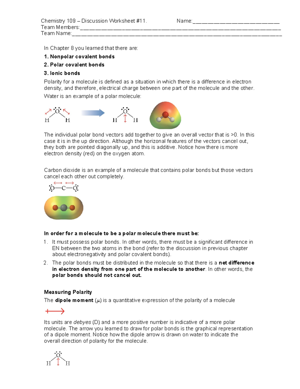 Discussion Worksheet #11 - Molecular Shapes and Polarity - Chemistry ...