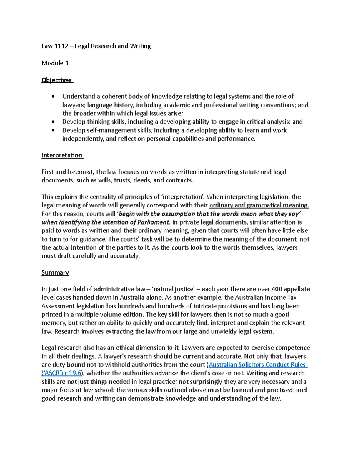 Module 1 Notes - Law 1112 – Legal Research and Writing Module 1 ...