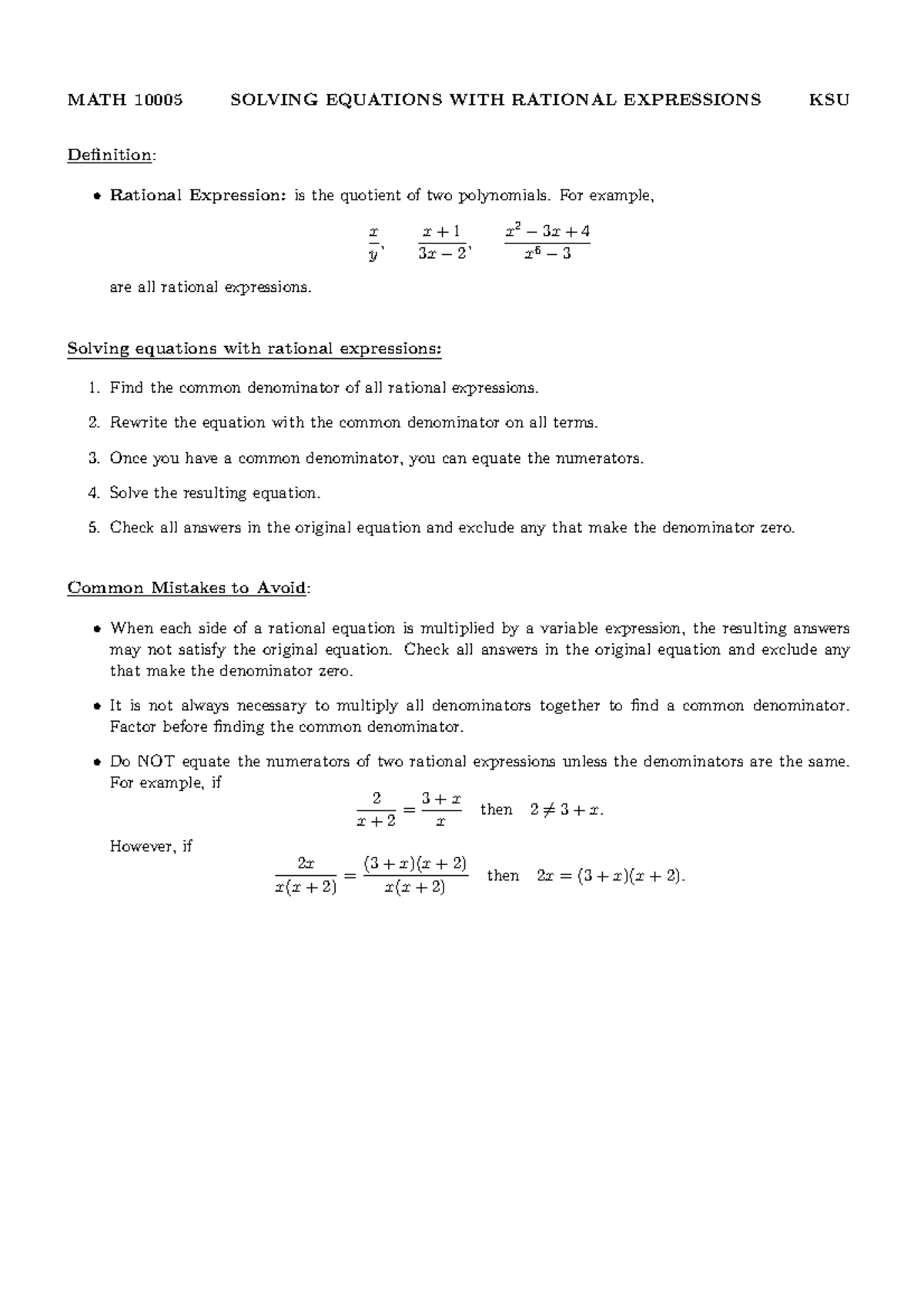 Solving Equations Involving Rational Expressions - MATH 10005 SOLVING ...