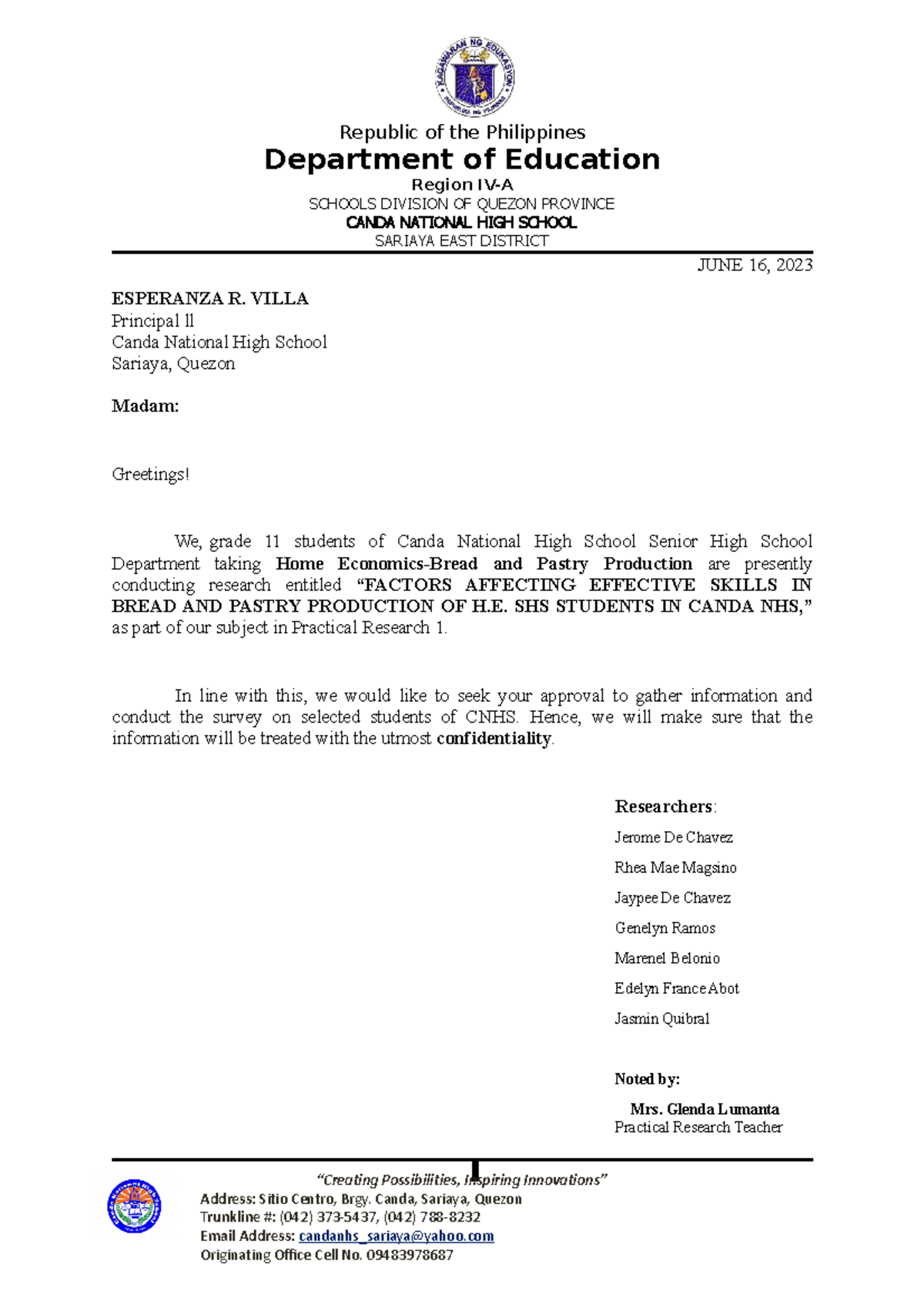 Permission FOR Principal - Republic of the Philippines Department of ...