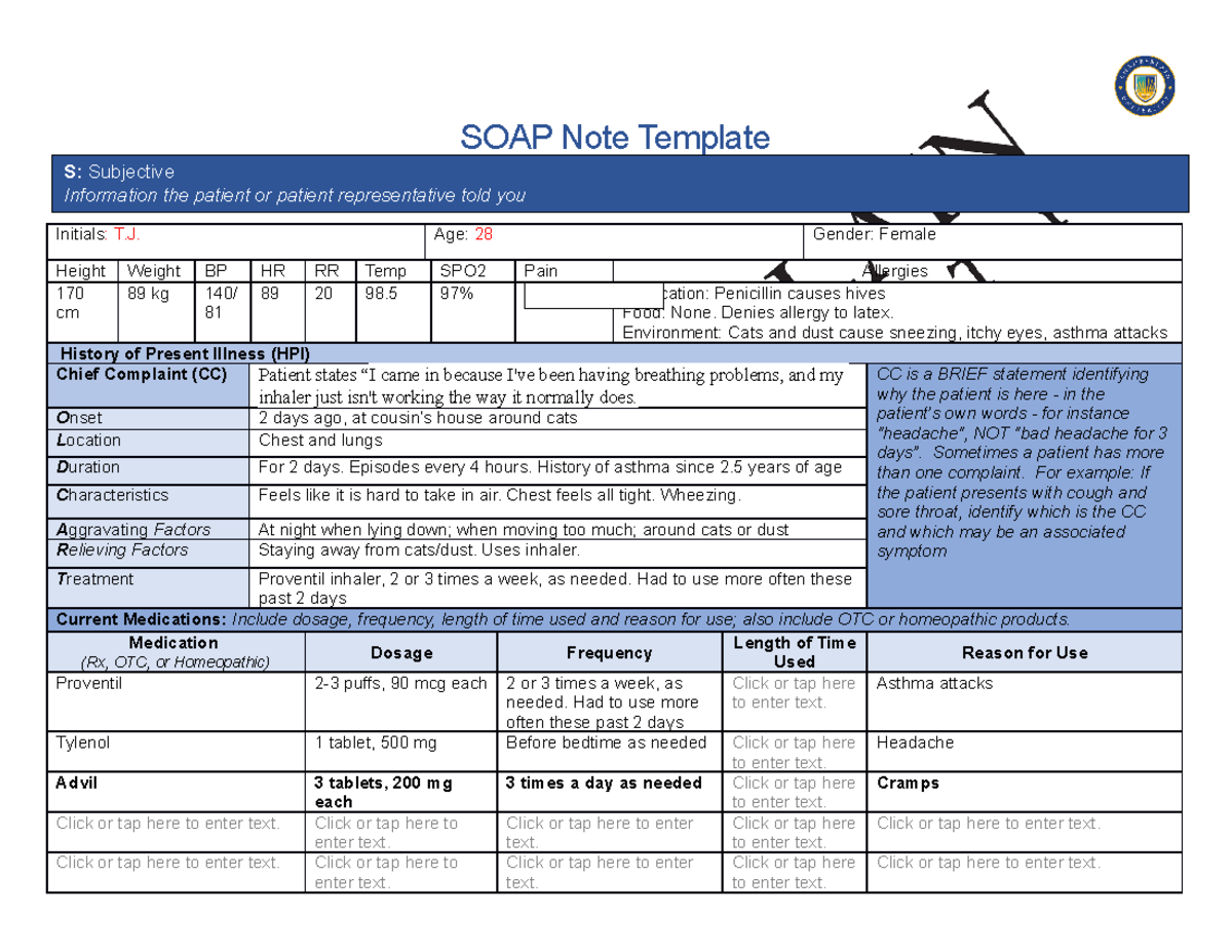 Week 2 Tina Jones Respiratory, practice online - SOAP Note Template ...
