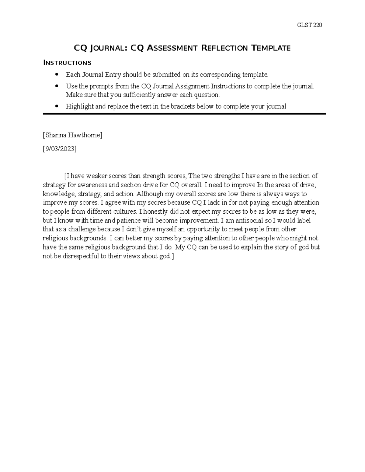 CQ Journal CQ Assessment Reflection Template - GLST 220 CQ JOURNAL: CQ ASSESSMENT REFLECTION ...