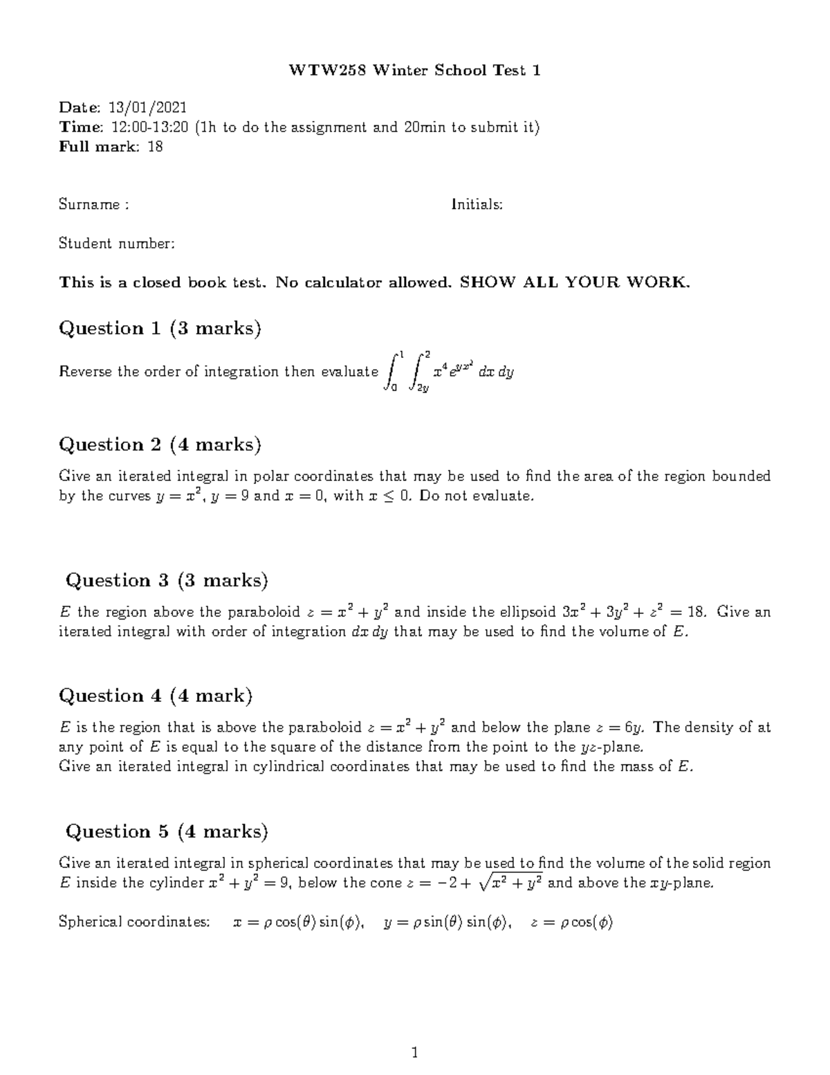 WTW258 WS Test 1 - WTW258 Winter School Test 1 Date: 13/01/ Time: 12:00 ...