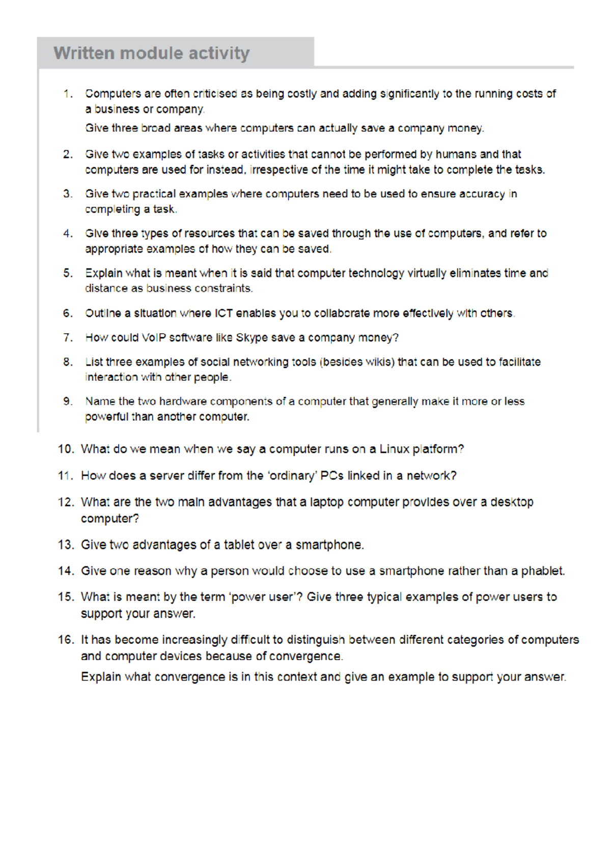 Module 1.1 Module activity - Written module activity 1. Computers are ...