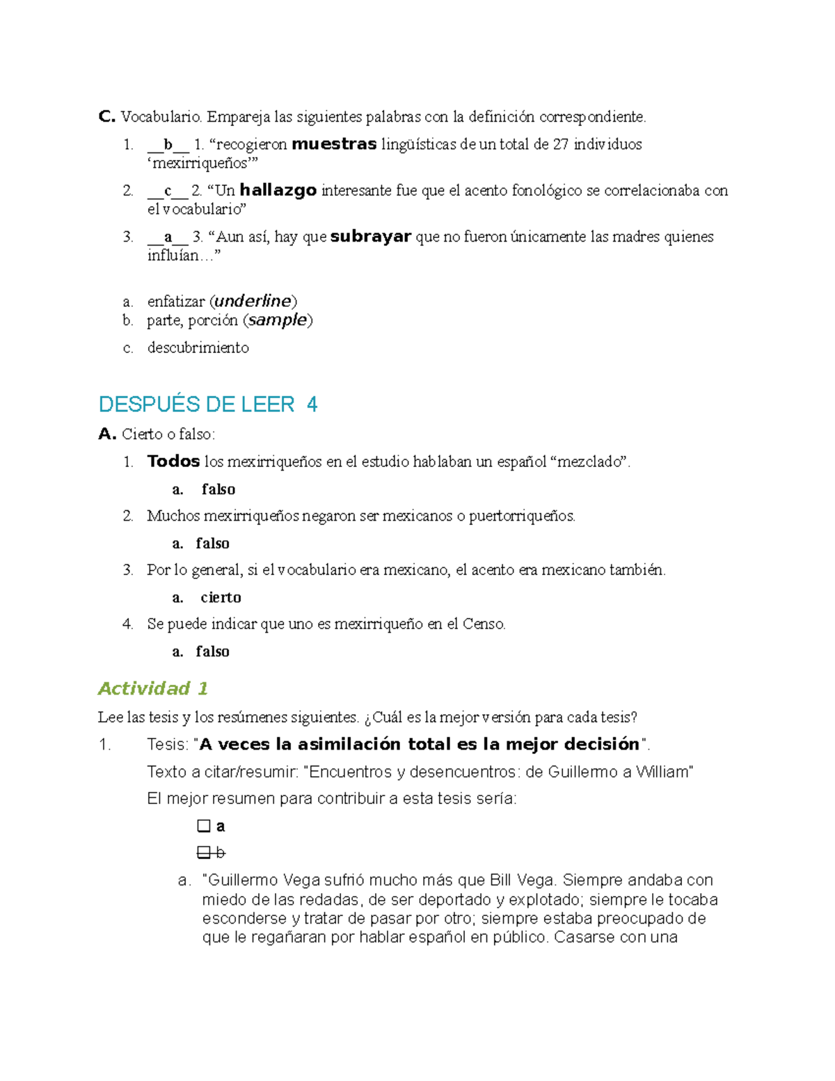Capítulo 2 (5) - Tarea para el capítulo dos - C. Vocabulario. Empareja ...