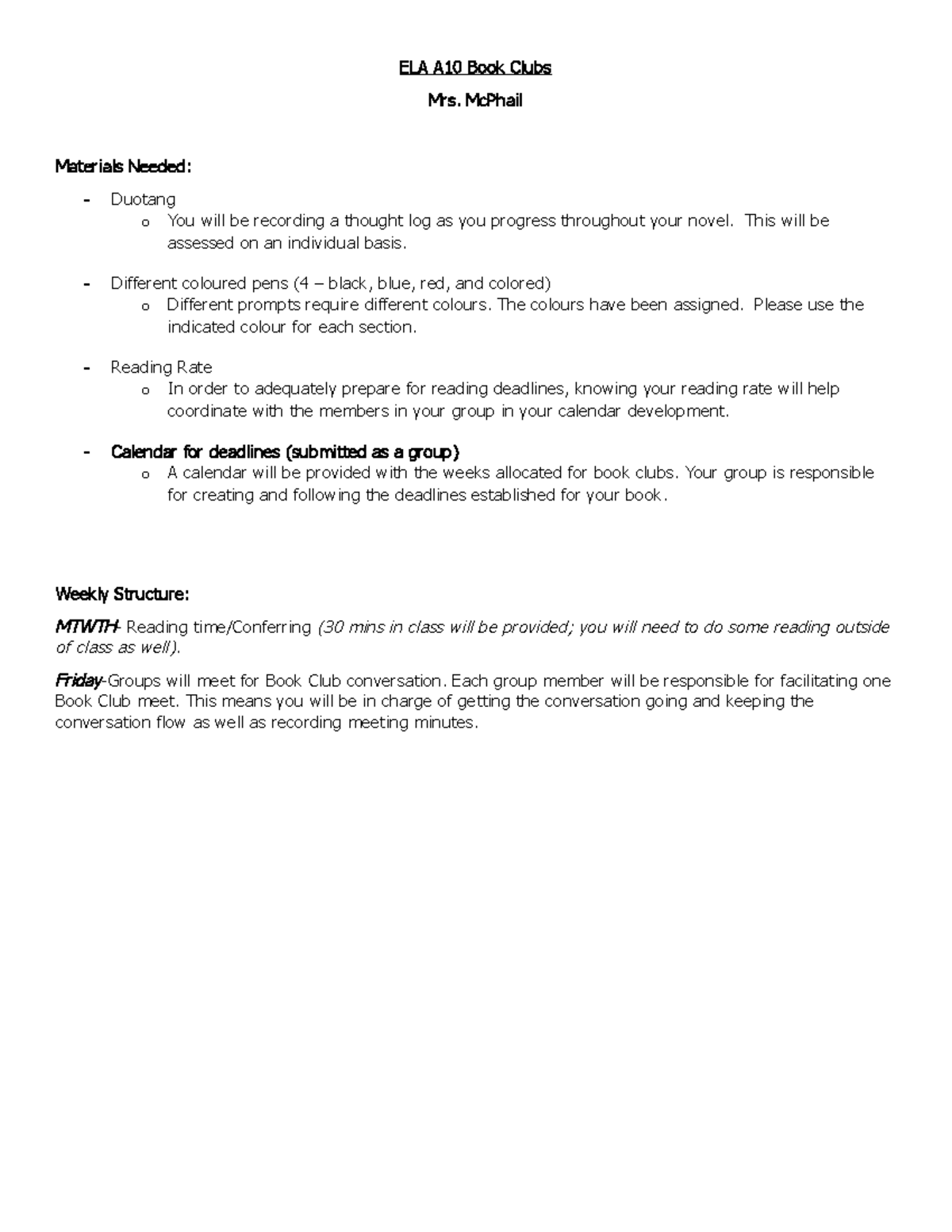 Book Clubs Handout - A general format for Book Club work - ELA A10 Book ...