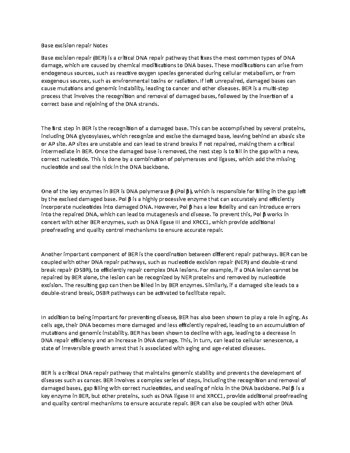 Base excision repair Notes - These modifications can arise from ...