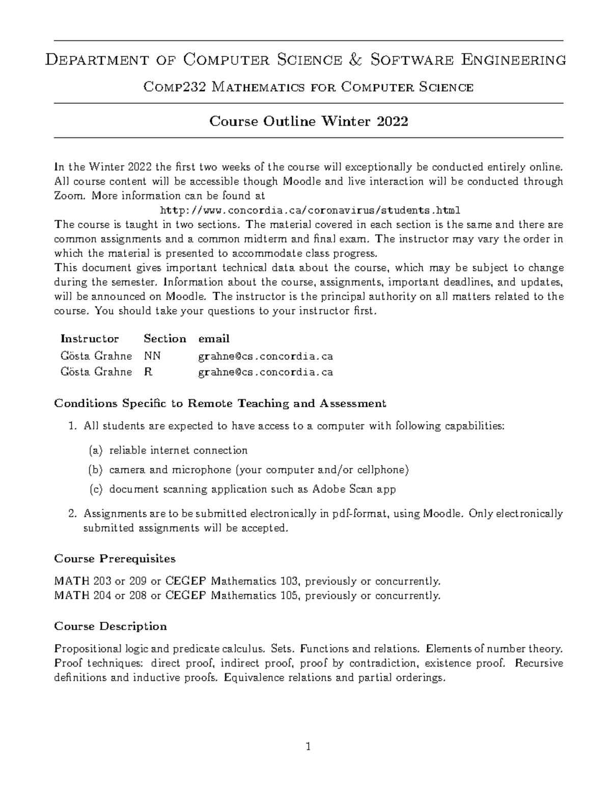 COMP 232 Course Outline Winter 2022 W22 - Department of Computer Science & Software Engineering ...