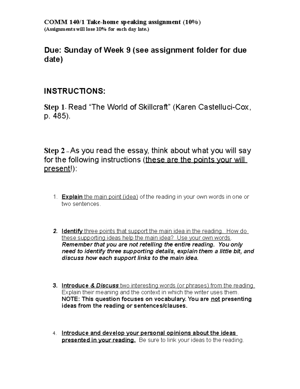 COMM 140141 Speaking Assignment Instructions - World of Skillcraft ...