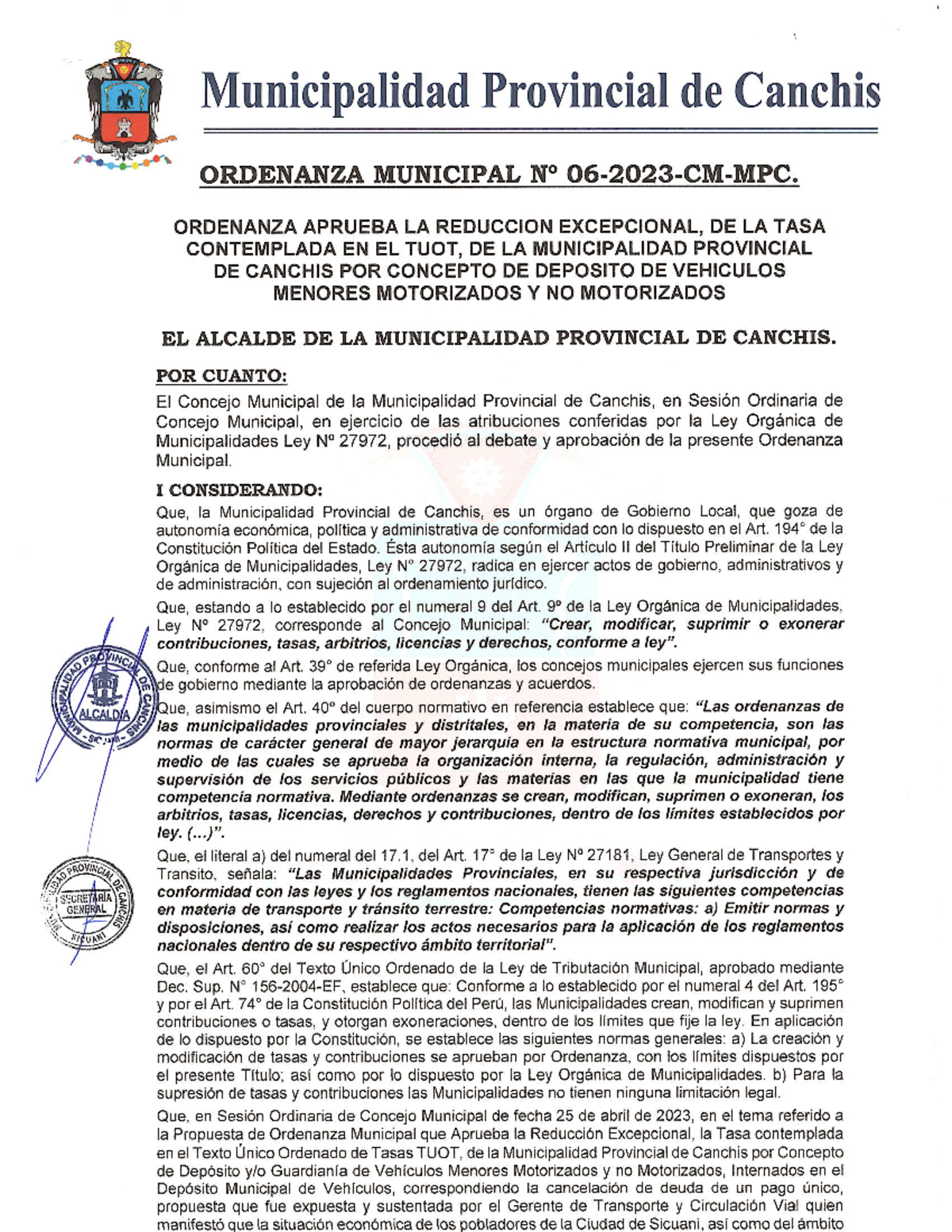 Ordenanza Municipal N° 06-2023-CM-MPC - derecho - Studocu