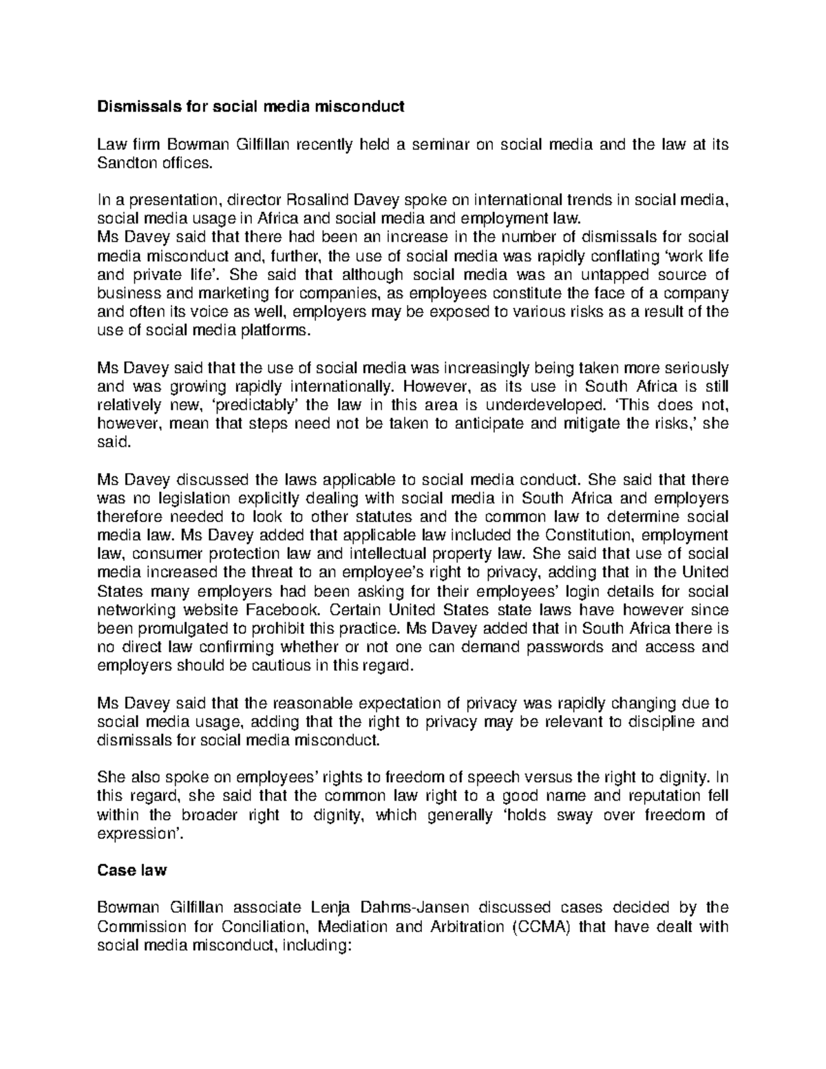 Ccma case - case - Dismissals for social media misconduct Law firm ...