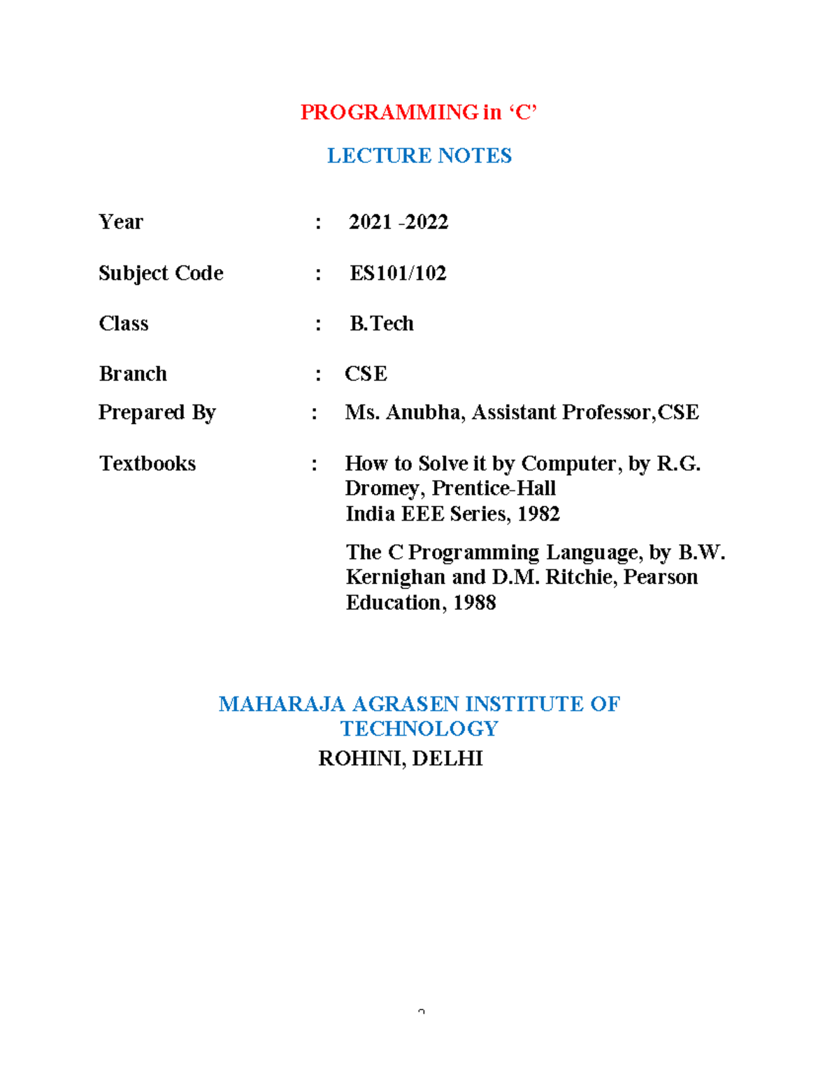 C Programming Unit 1 C Unit 1 Programming In ‘c Lecture Notes Year 9223