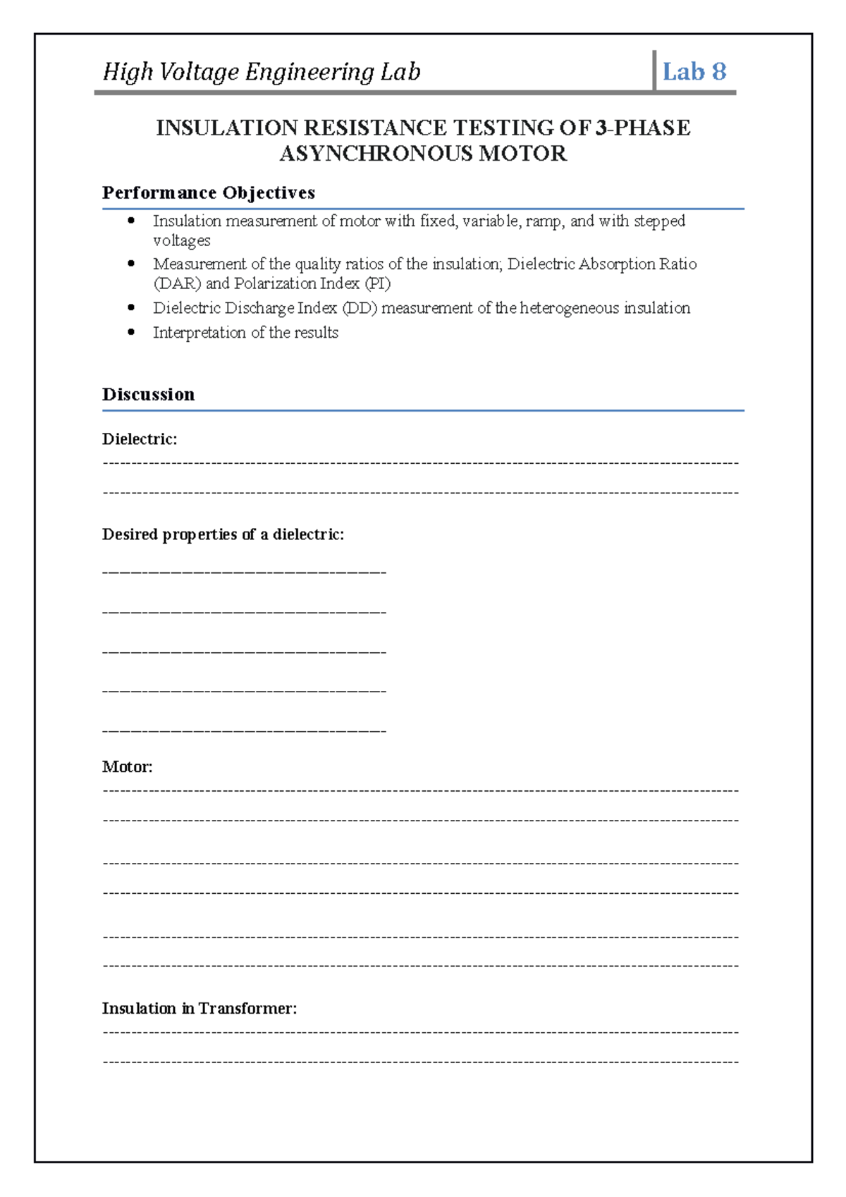My LAB 8 - The Given document is the high voltage lab manual performed at the high voltage - Studocu