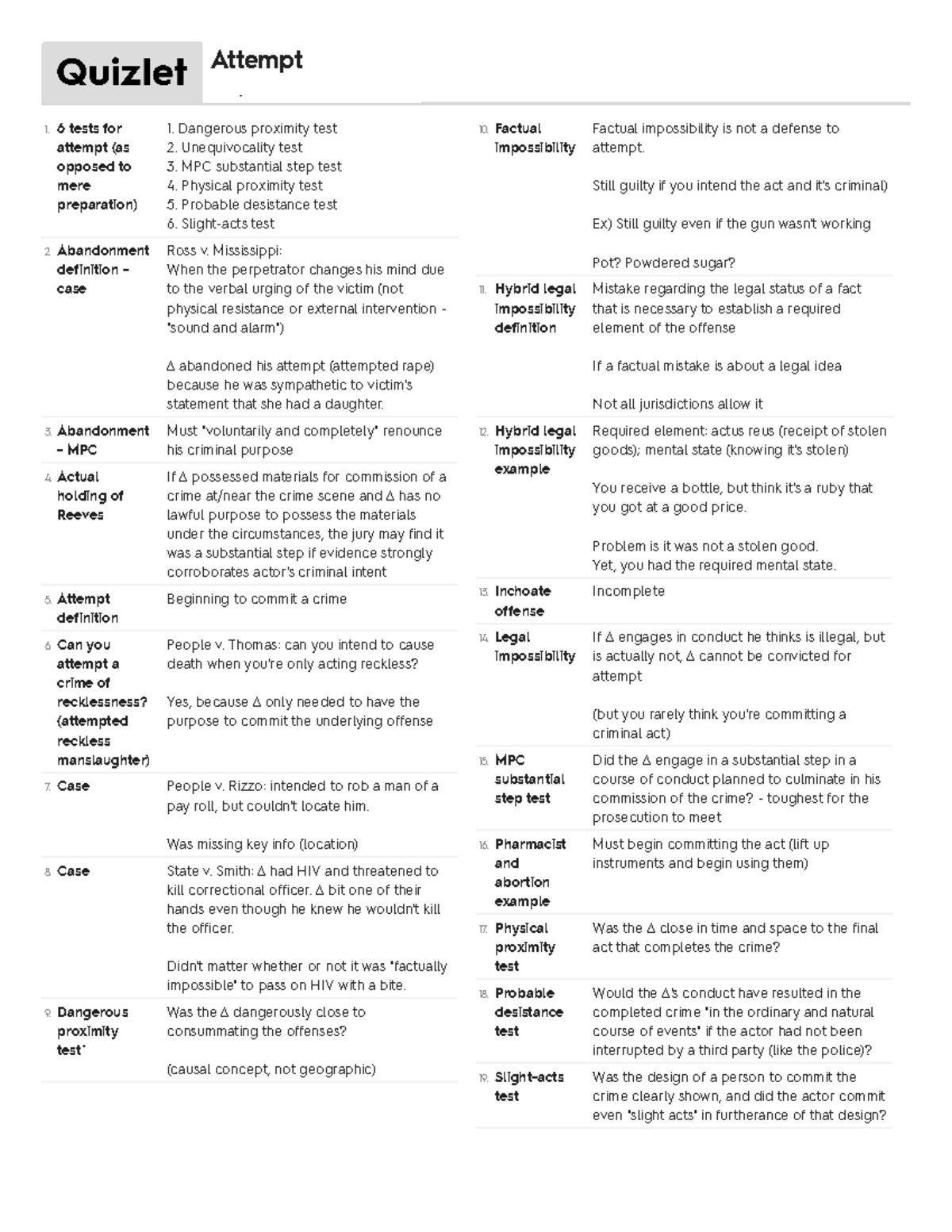Criminal Law - Attempt - Flashcards - 1 tests for attempt (as opposed ...