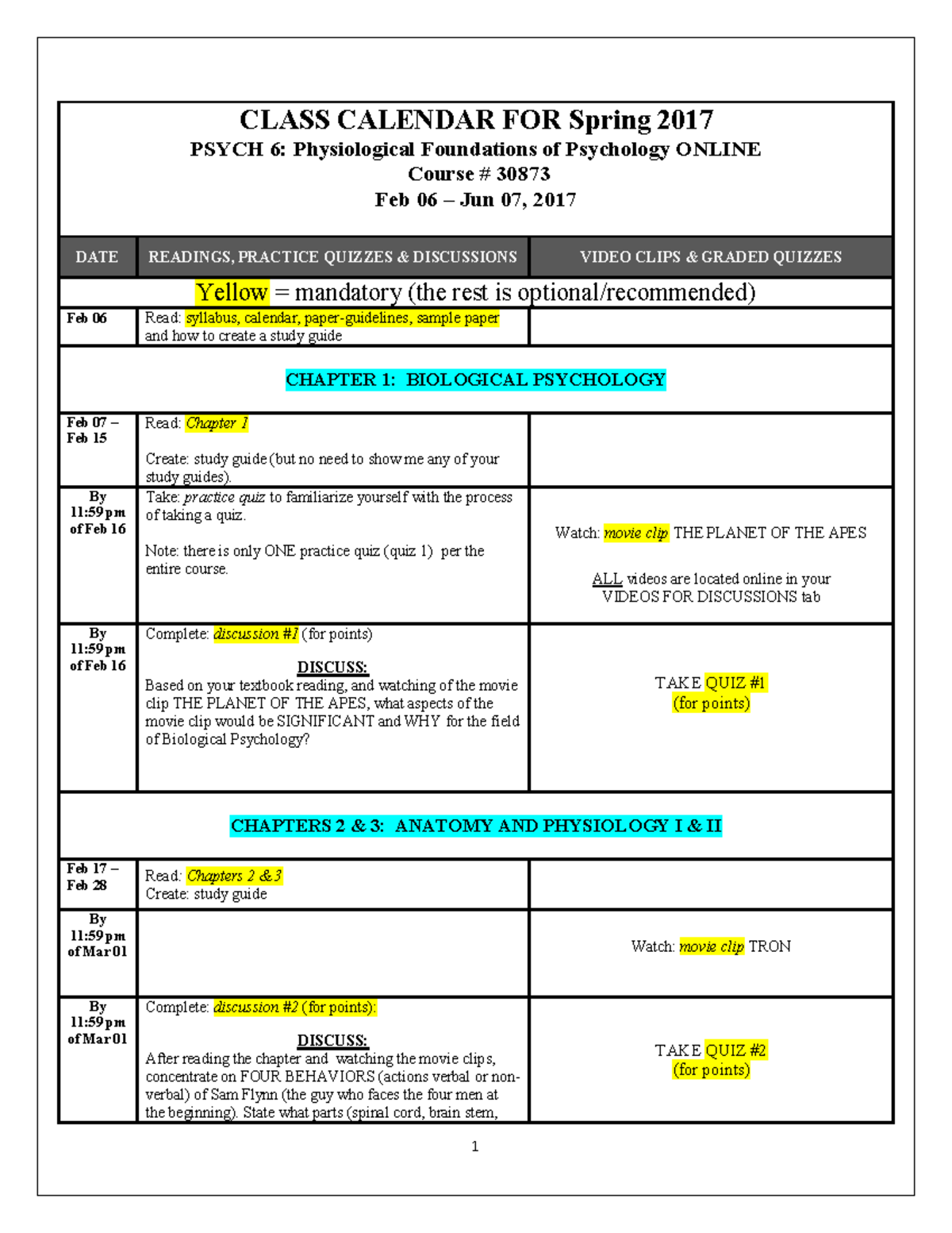 Class Calendar Psych 6 - CLASS CALENDAR FOR Spring 2017 PSYCH 6 ...