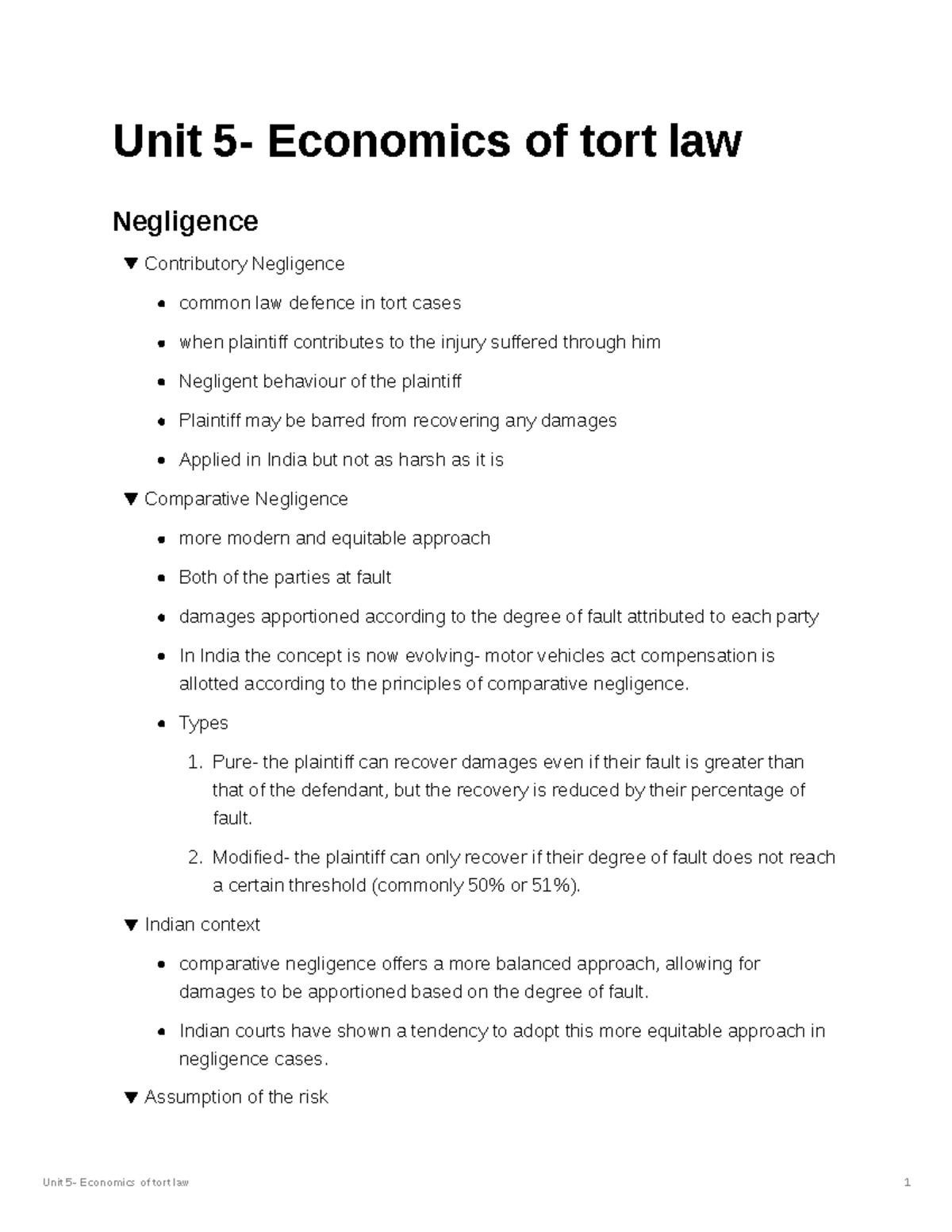 Eco&tort - Unit 5- Economics of tort law Negligence Contributory ...