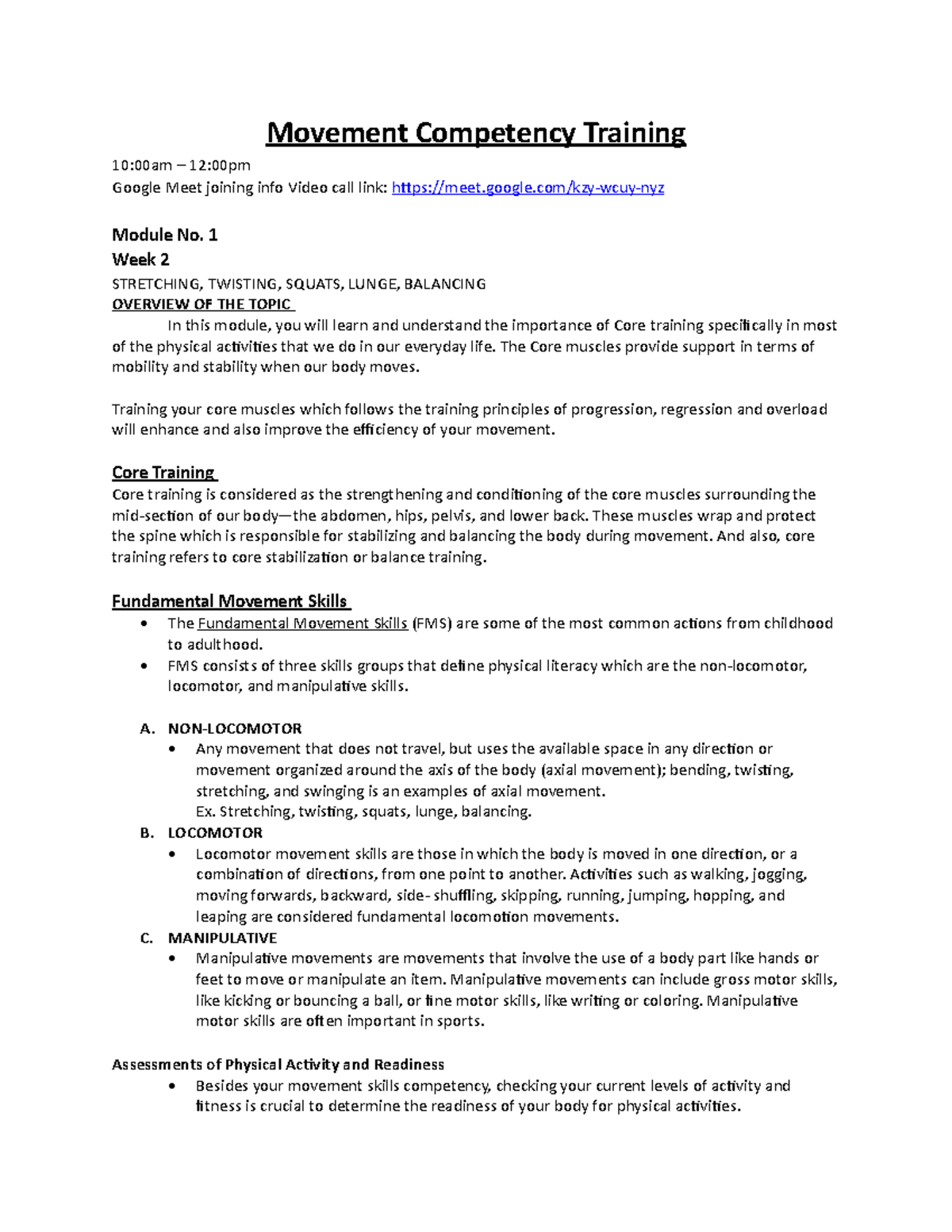 Movement Competency Training - Movement Competency Training 10:00am ...