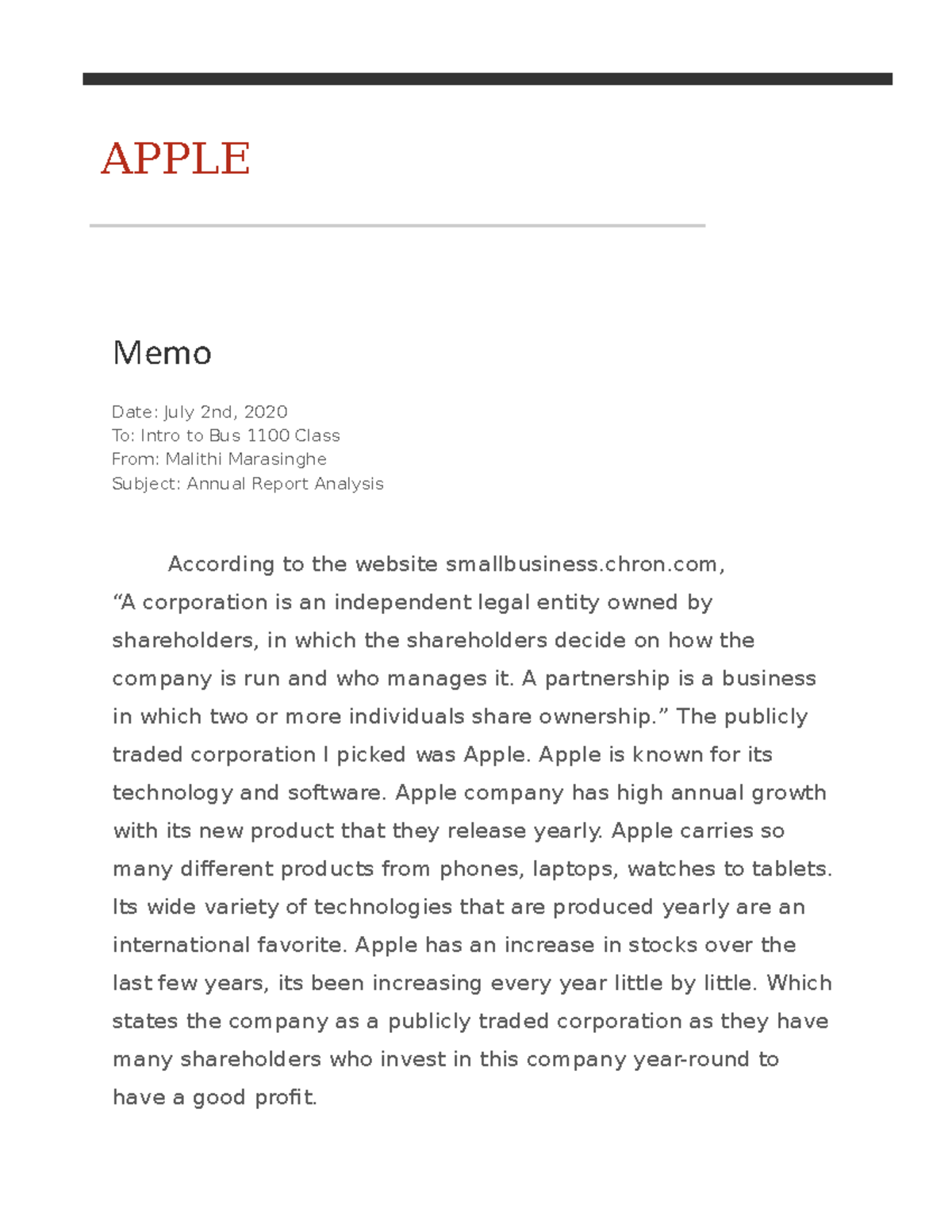 Annual Report Analysis - APPLE Memo Date: July 2nd, 2020 To: Intro to ...