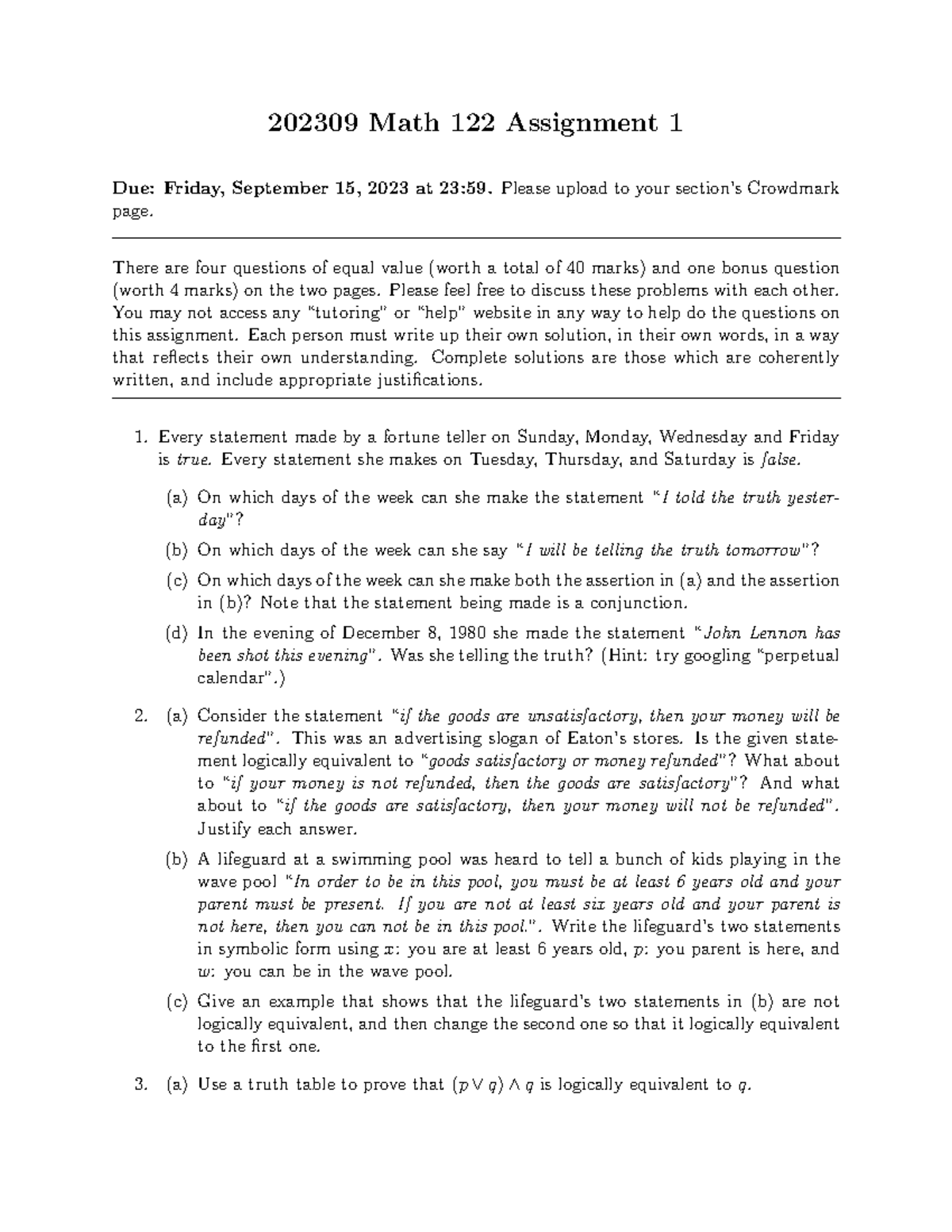 A1M122F23 - 202309 Math 122 Assignment 1 Due: Friday, September 15, 2023 at 23:59. Please upload ...