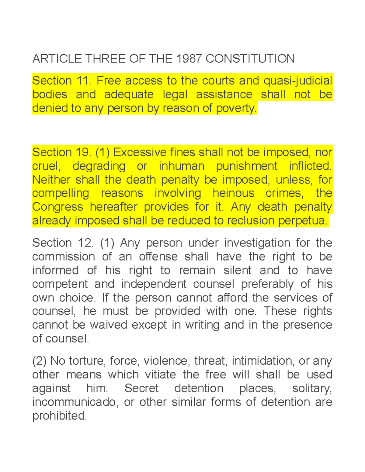 Article Three OF THE 1987 Constitution - ARTICLE THREE OF THE 1987 ...