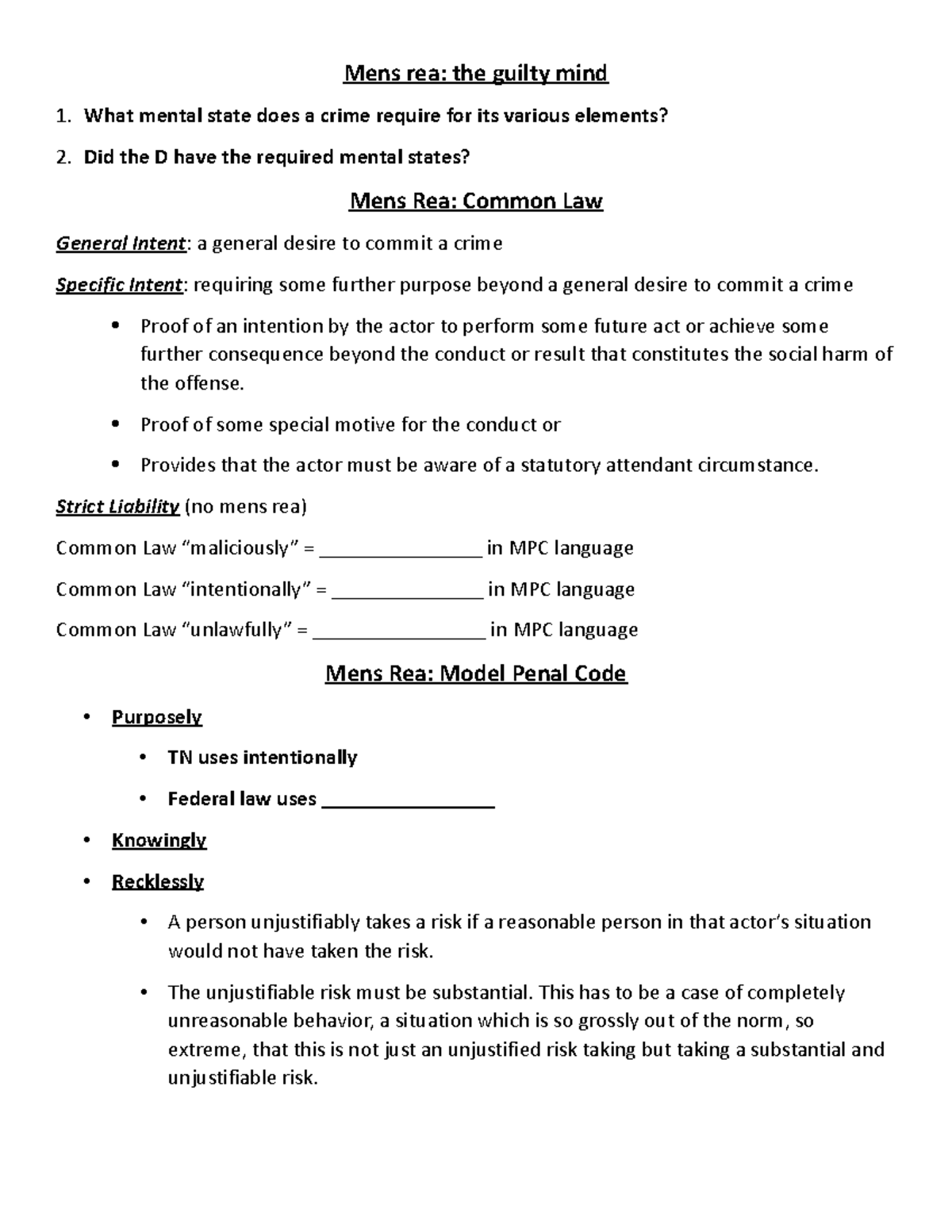 Mens rea Cheat Sheet - Mens rea: the guilty mind What mental state does ...