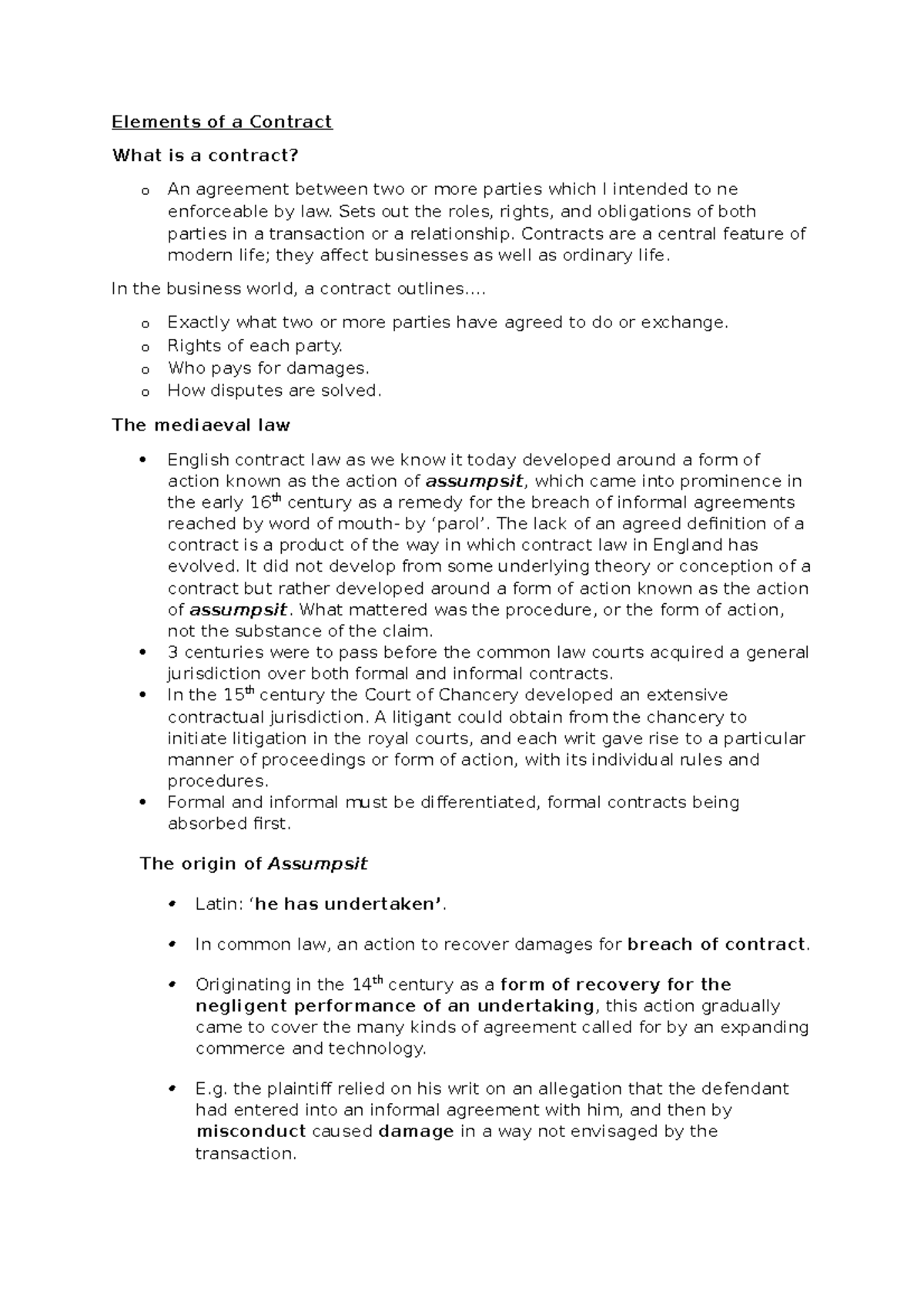 Notes - Elements of a Contract What is a contract? o An agreement ...