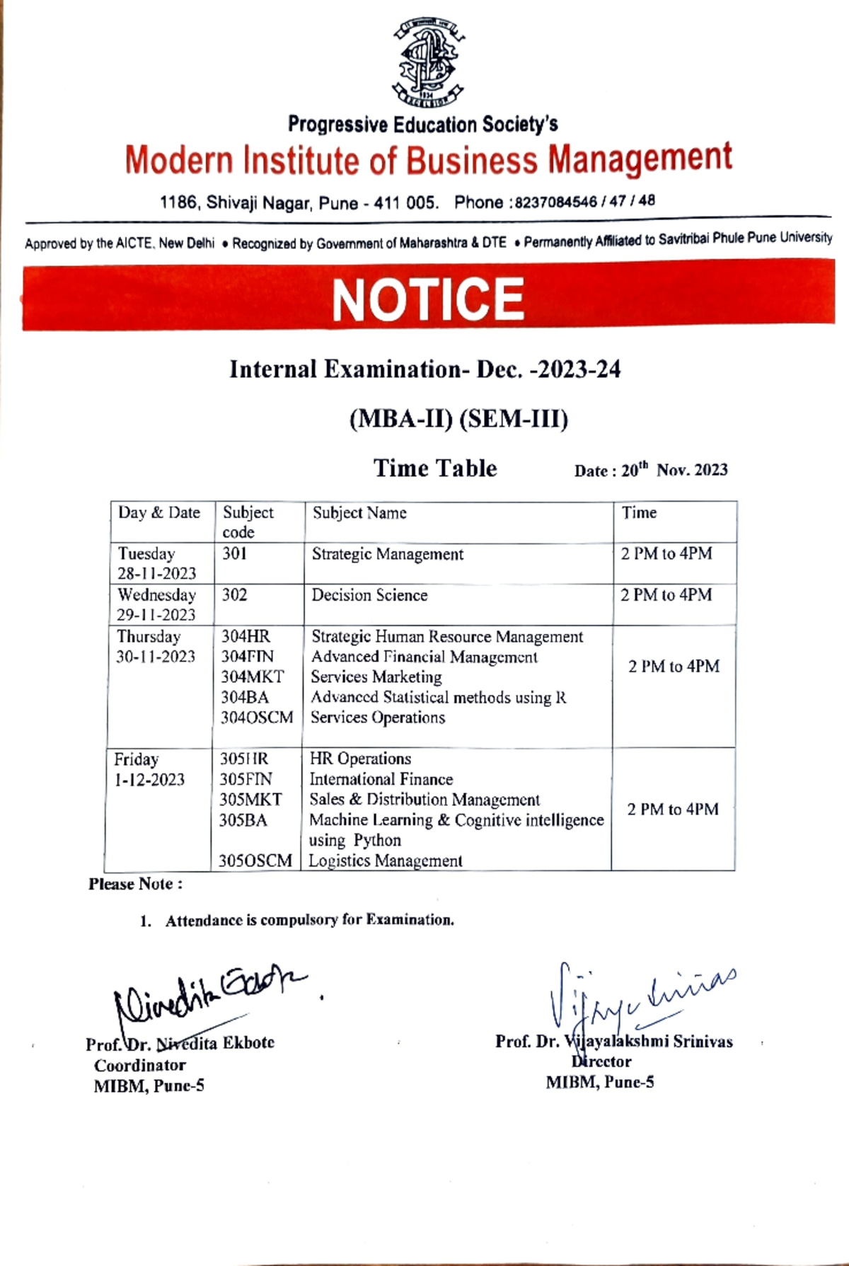 Sem 3 Internal Exam Time Table - Modern Institute of Business ...