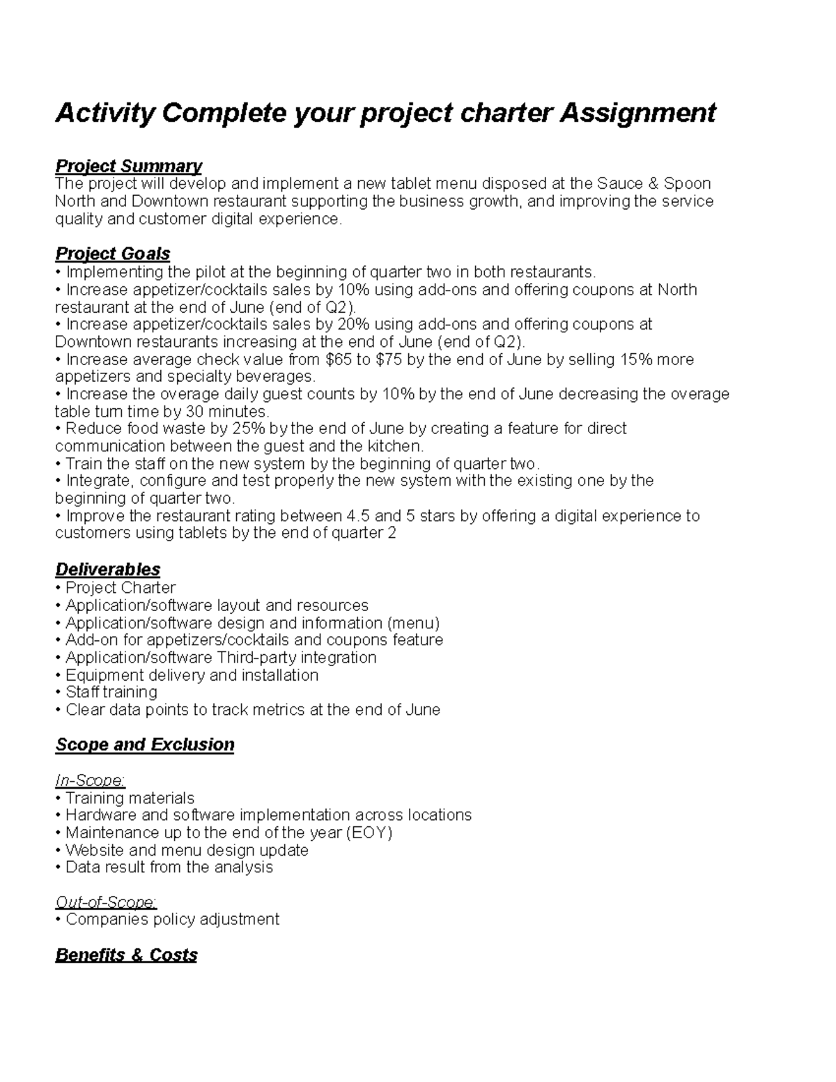 Activity Complete your project charter Assignment - Project Goals ...