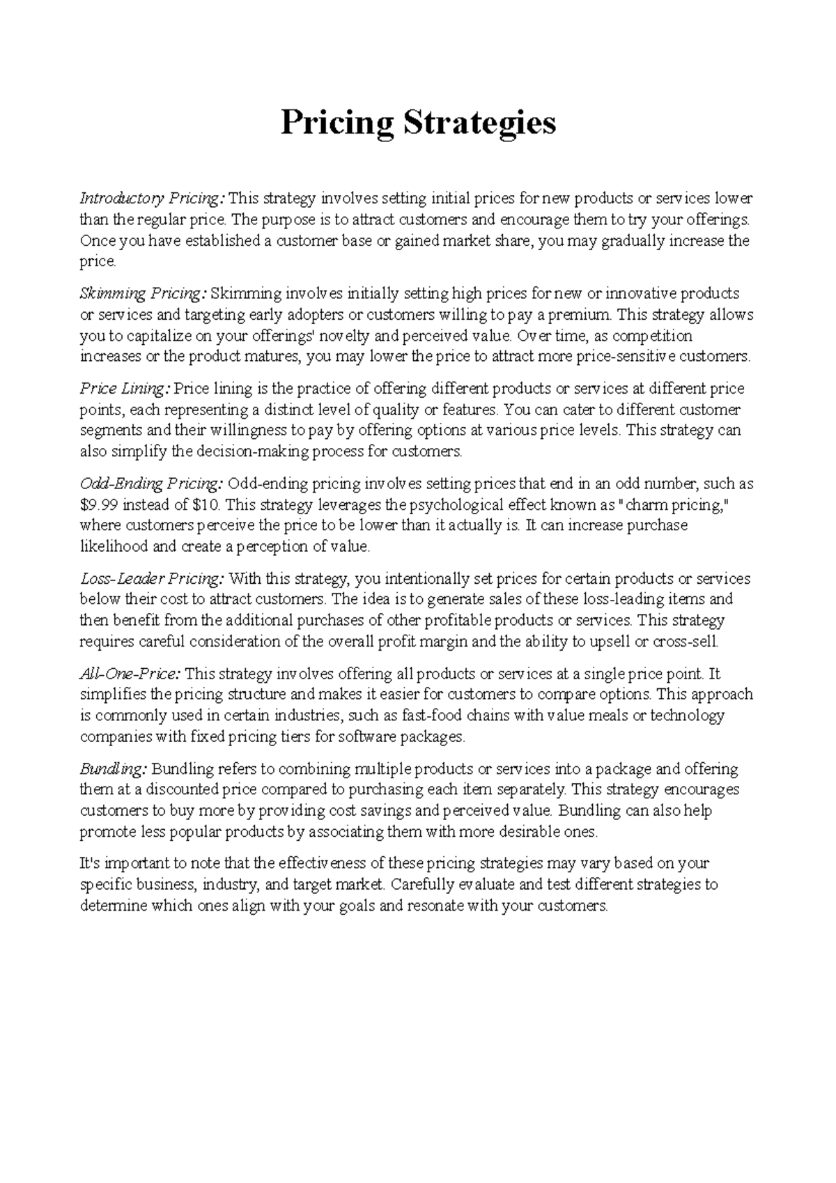 Pricing Strategies - Notes - Pricing Strategies Introductory Pricing ...