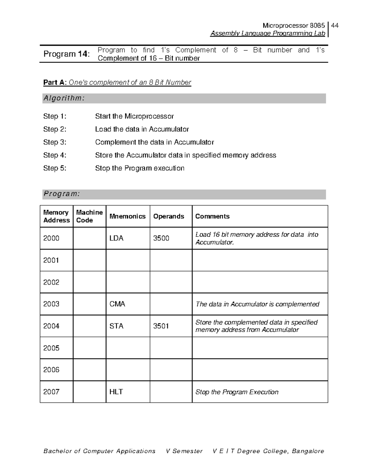 Program 14 - Microprocessor 8085 44 Assembly Language Programming Lab Program to find Complement ...
