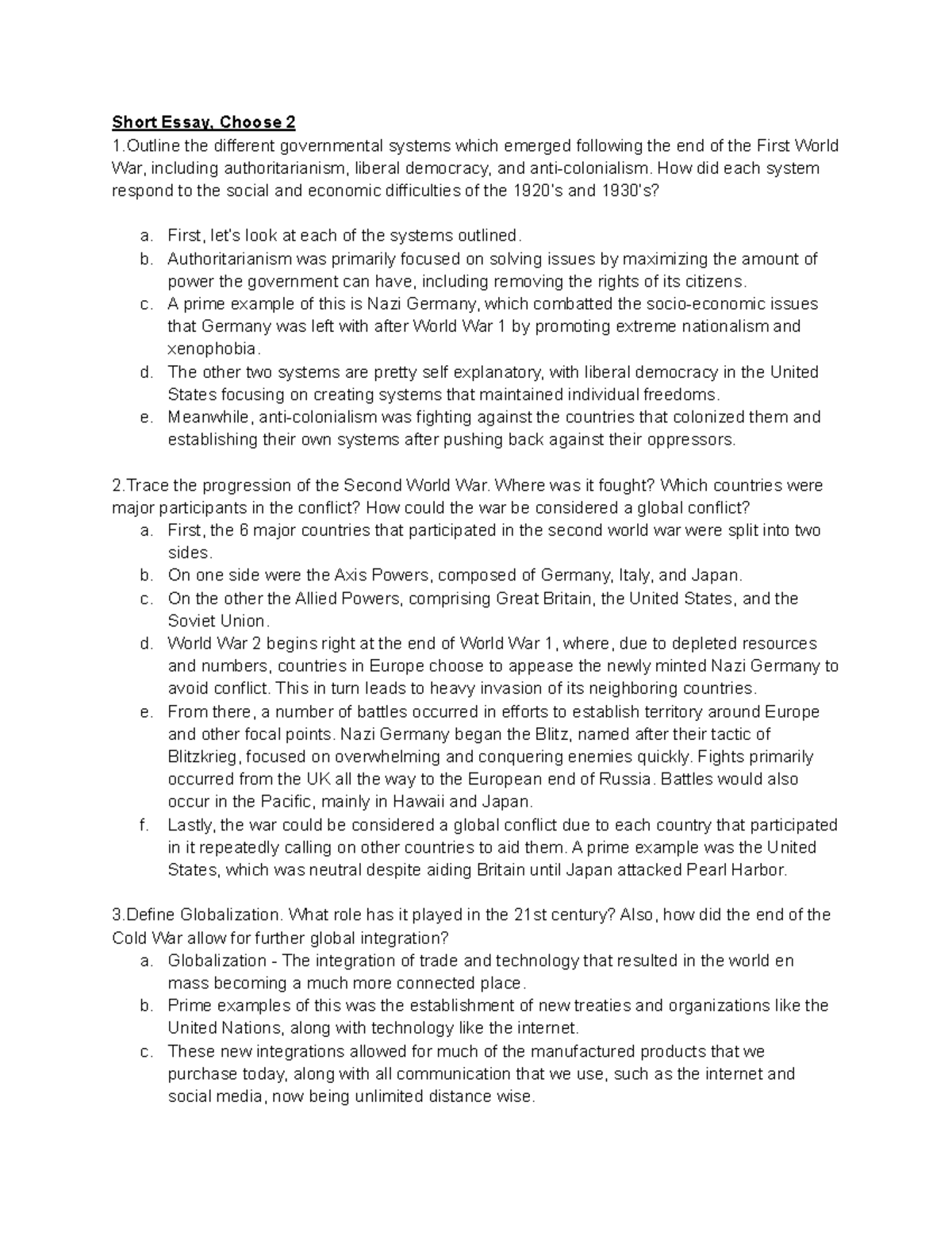 History Study Guide - Short Essay, Choose 2 1 the different ...
