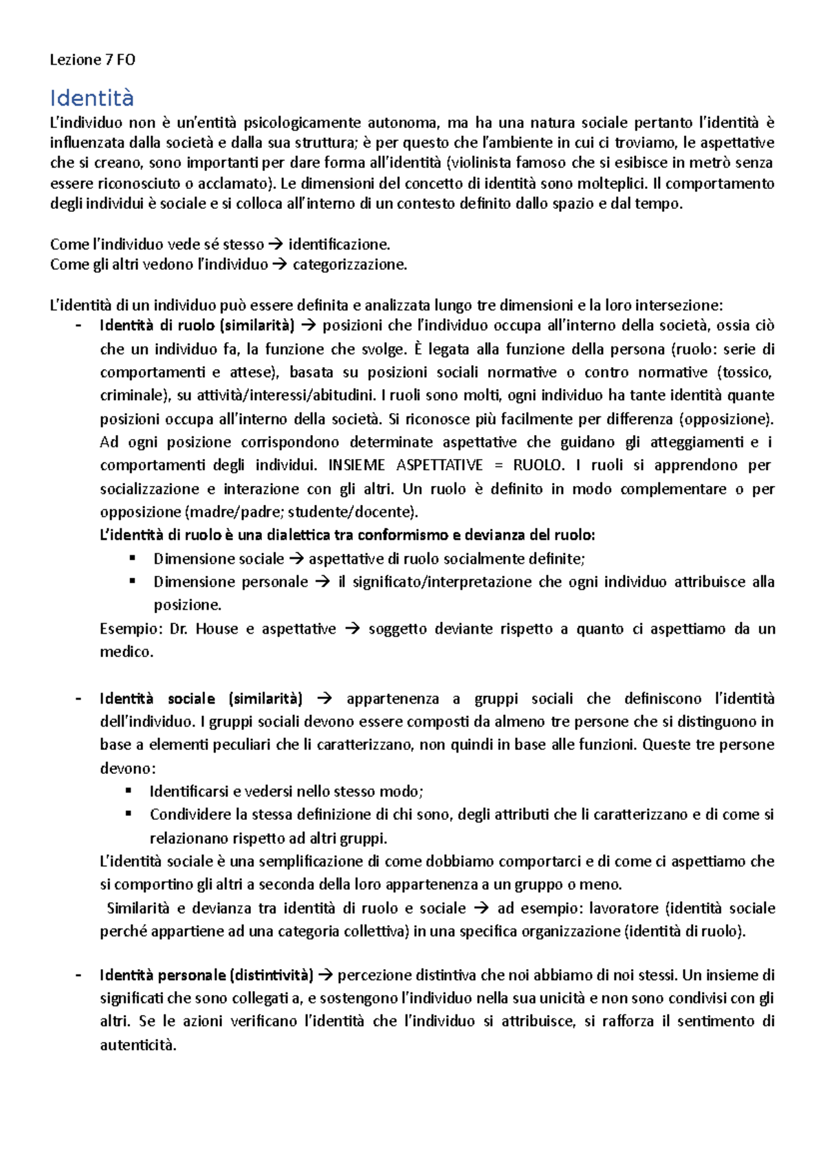 Lezione 7 FO Identita - lezioni Prof. Prandstraller + integrazioni ...