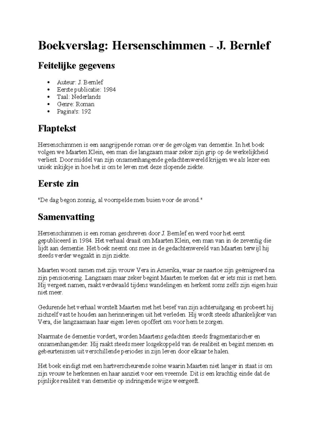 hersenschimmen J.Bernlef - Boekverslag: Hersenschimmen - J. Bernlef ...