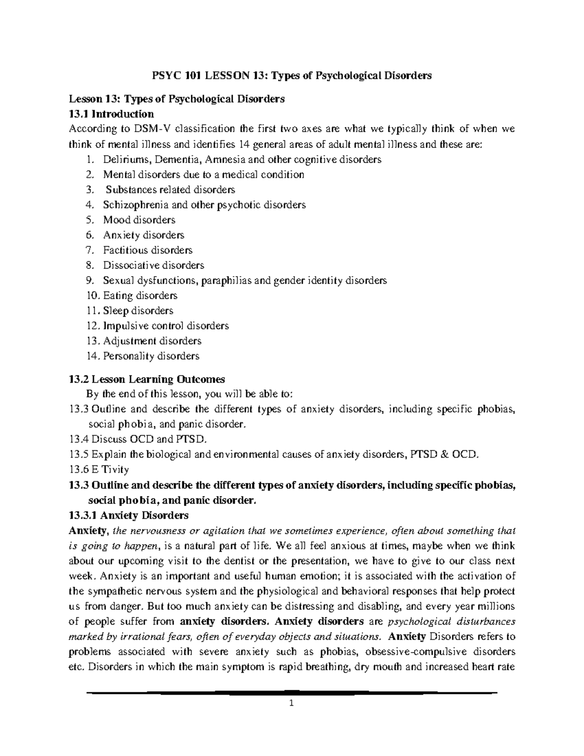PSYC 101 Lesson 13 Types of Psychological disorders - PSYC 101 LESSON ...