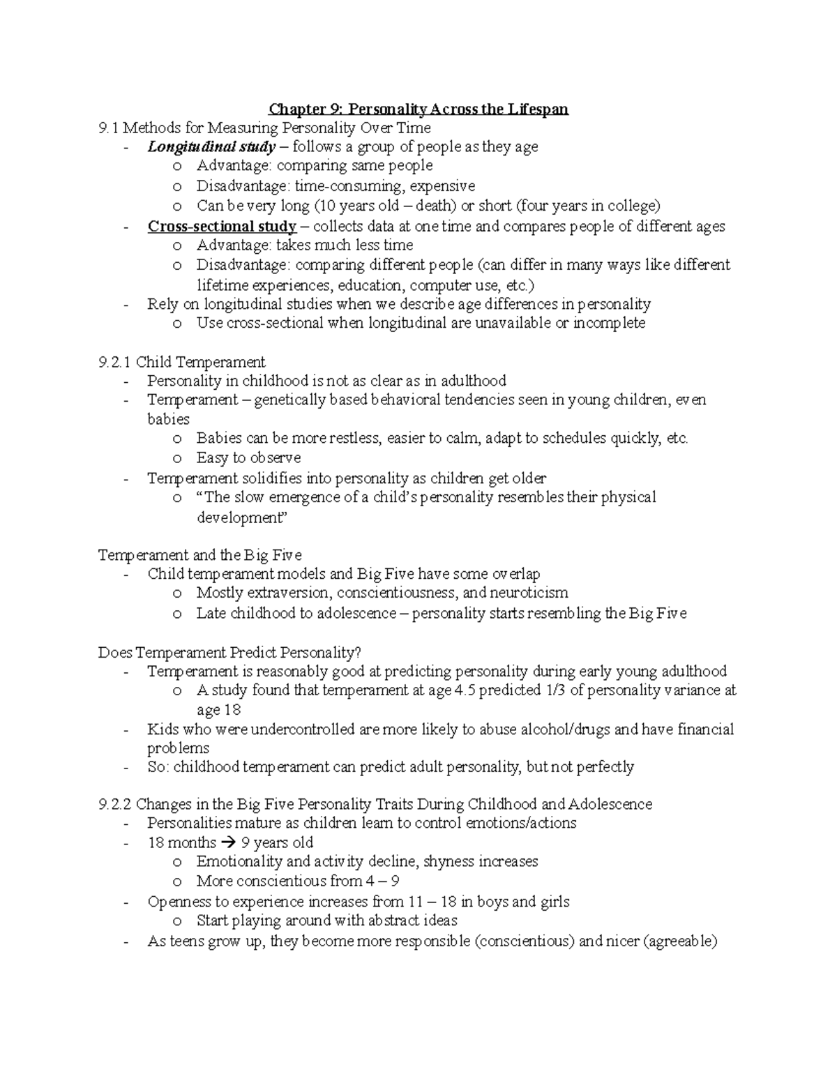 PSY440 Chapter 9 Reading Notes - Chapter 9: Personality Across the ...