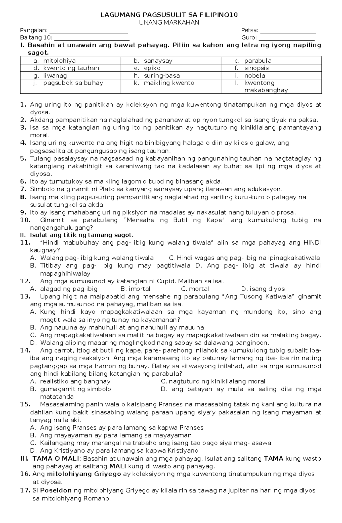 Lagumang Pagsusulit sa Filipino 10 - LAGUMANG PAGSUSULIT SA FILIPINO ...