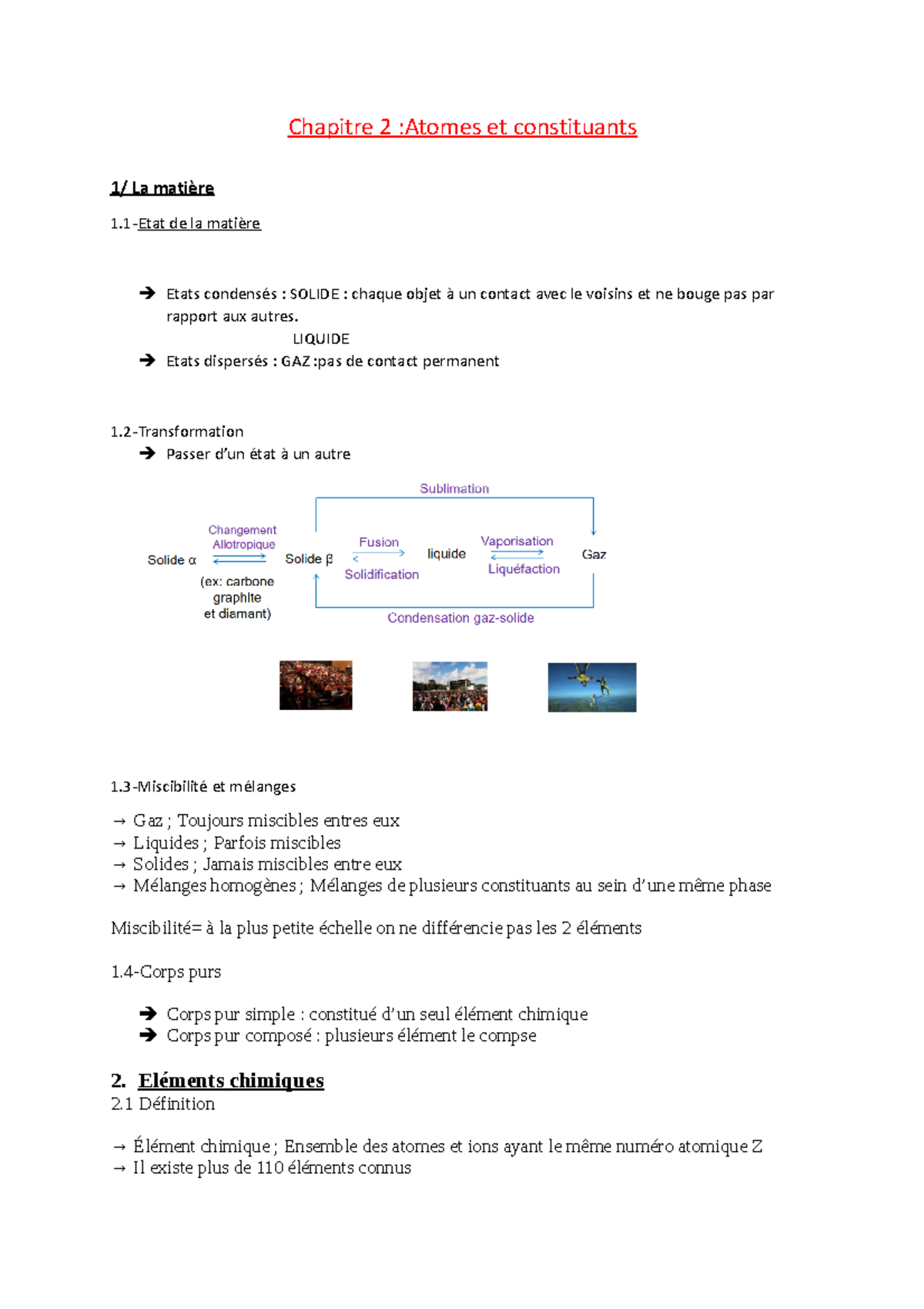 Chapitre 2 - cours de L1 de chimie - Chapitre 2 :Atomes et constituants 1/ La matière 1-Etat de ...