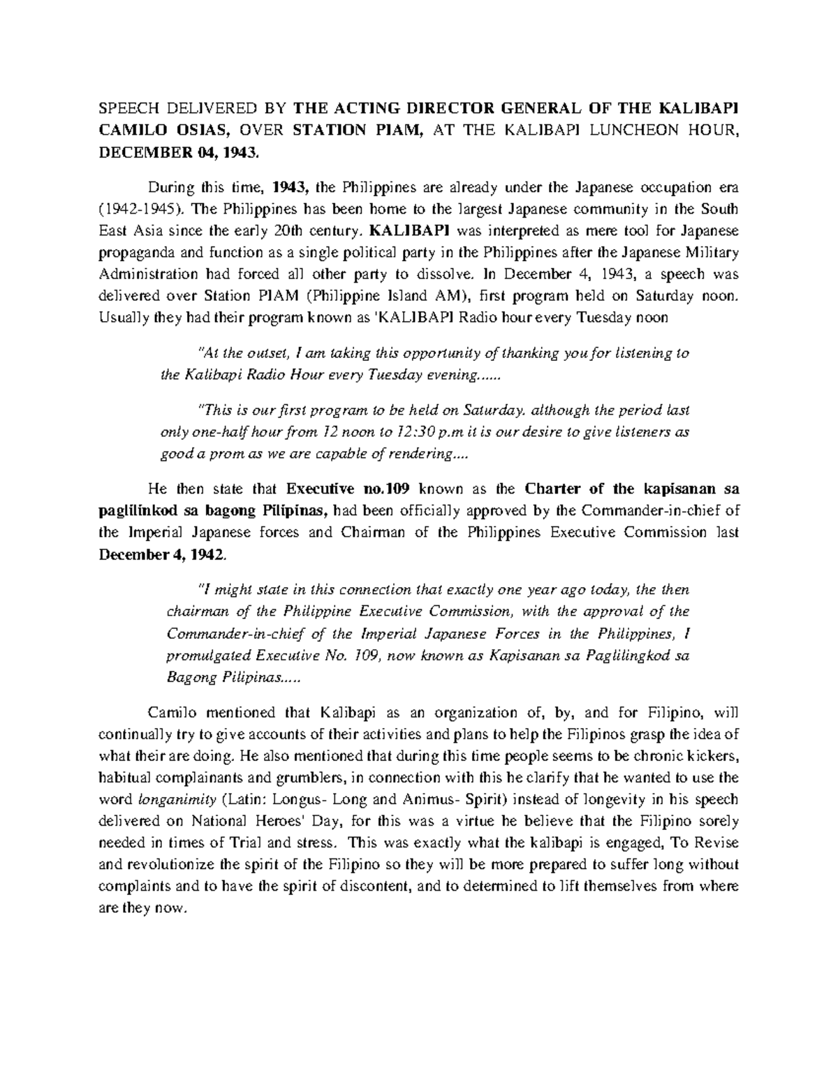 Reading 6 Kalibapi Osias - SPEECH DELIVERED BY THE ACTING DIRECTOR ...