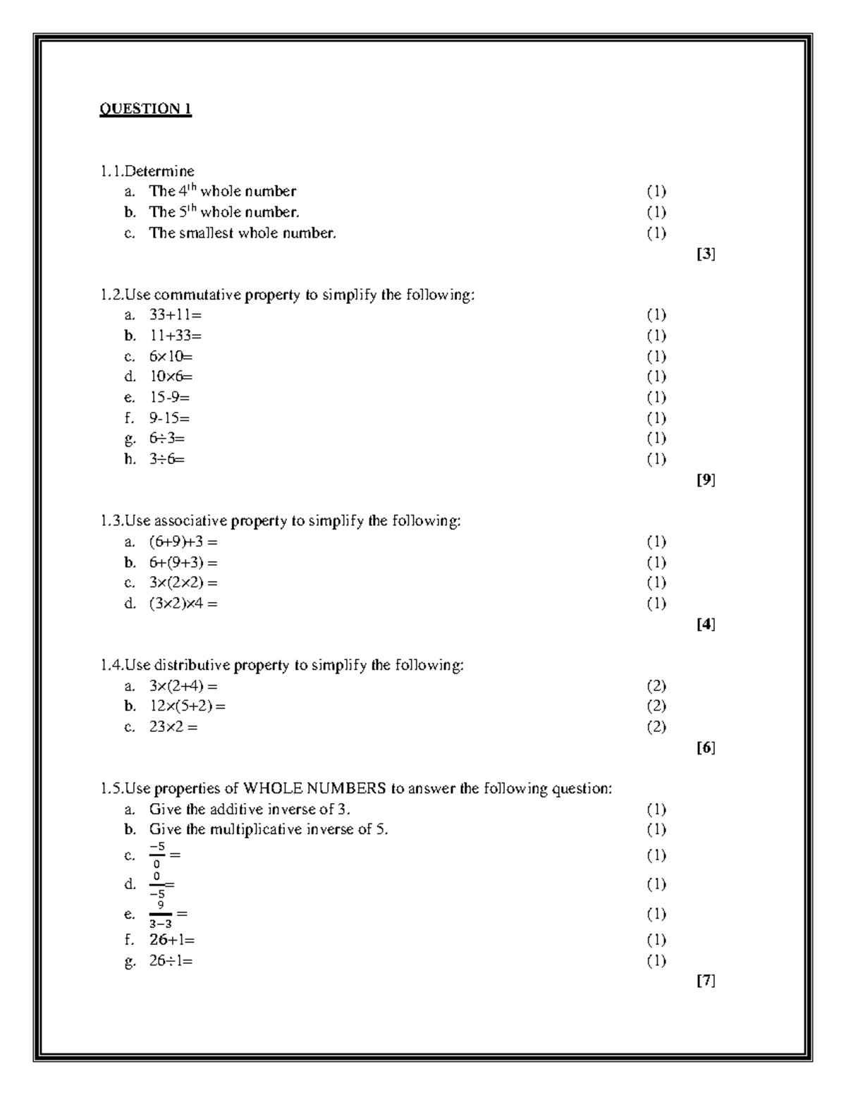 Grade 8 Maths Assignment 1 - QUESTION 1 1.1 a. The 4th whole number (1 ...