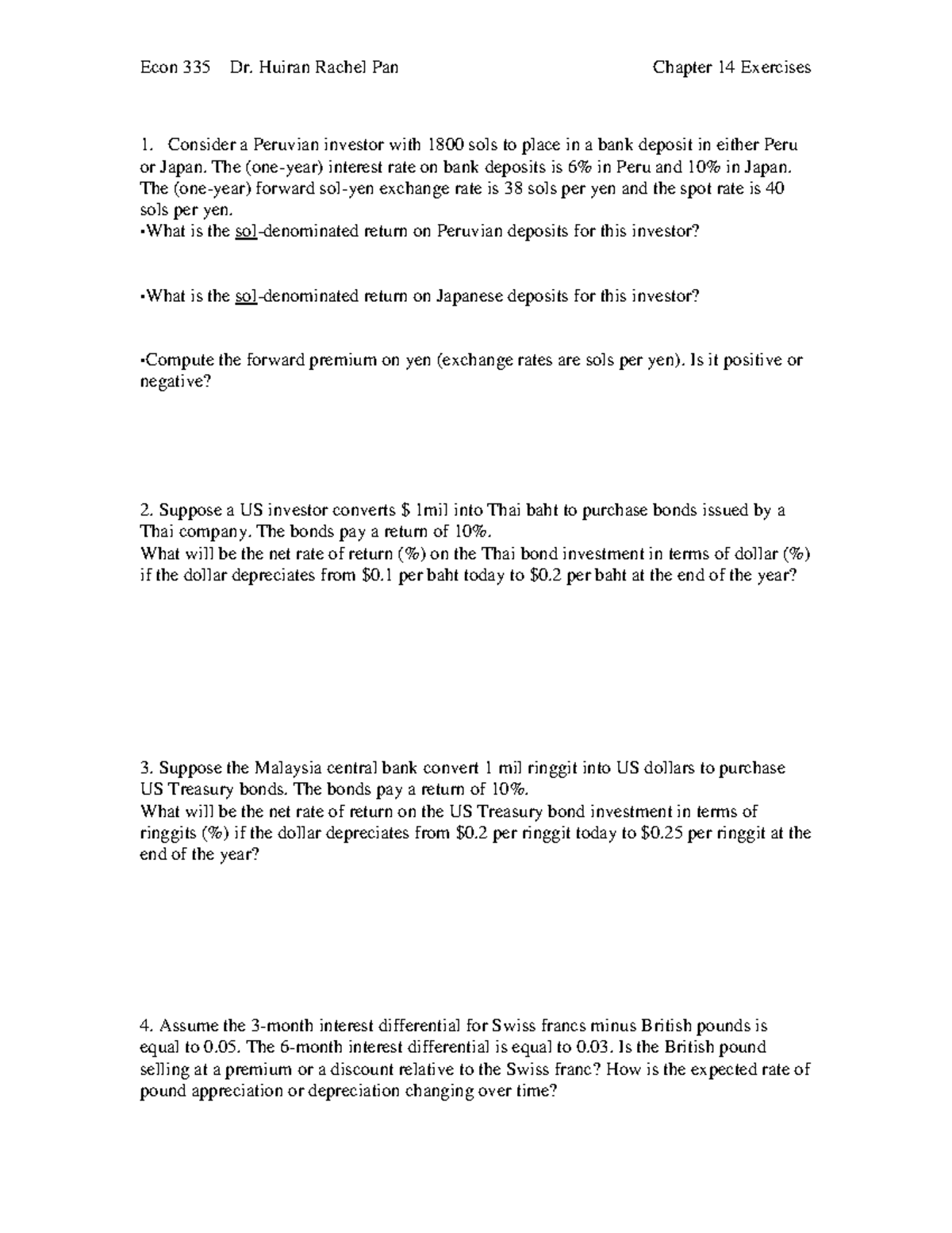 Ch 14 Exercises new HOMEWORK - Econ 335 Dr. Huiran Rachel Pan Chapter ...