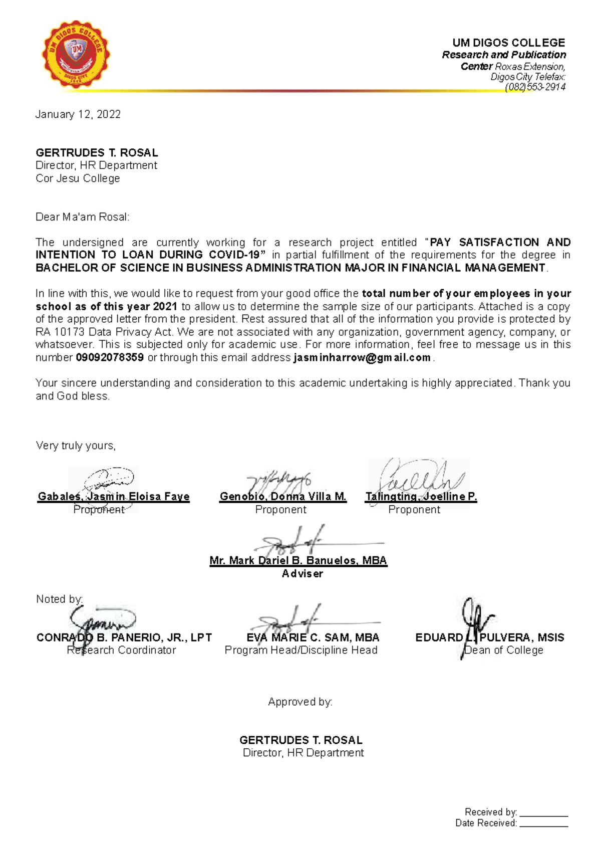 Total population letter - UM DIGOS COLLEGE Research and Publication ...