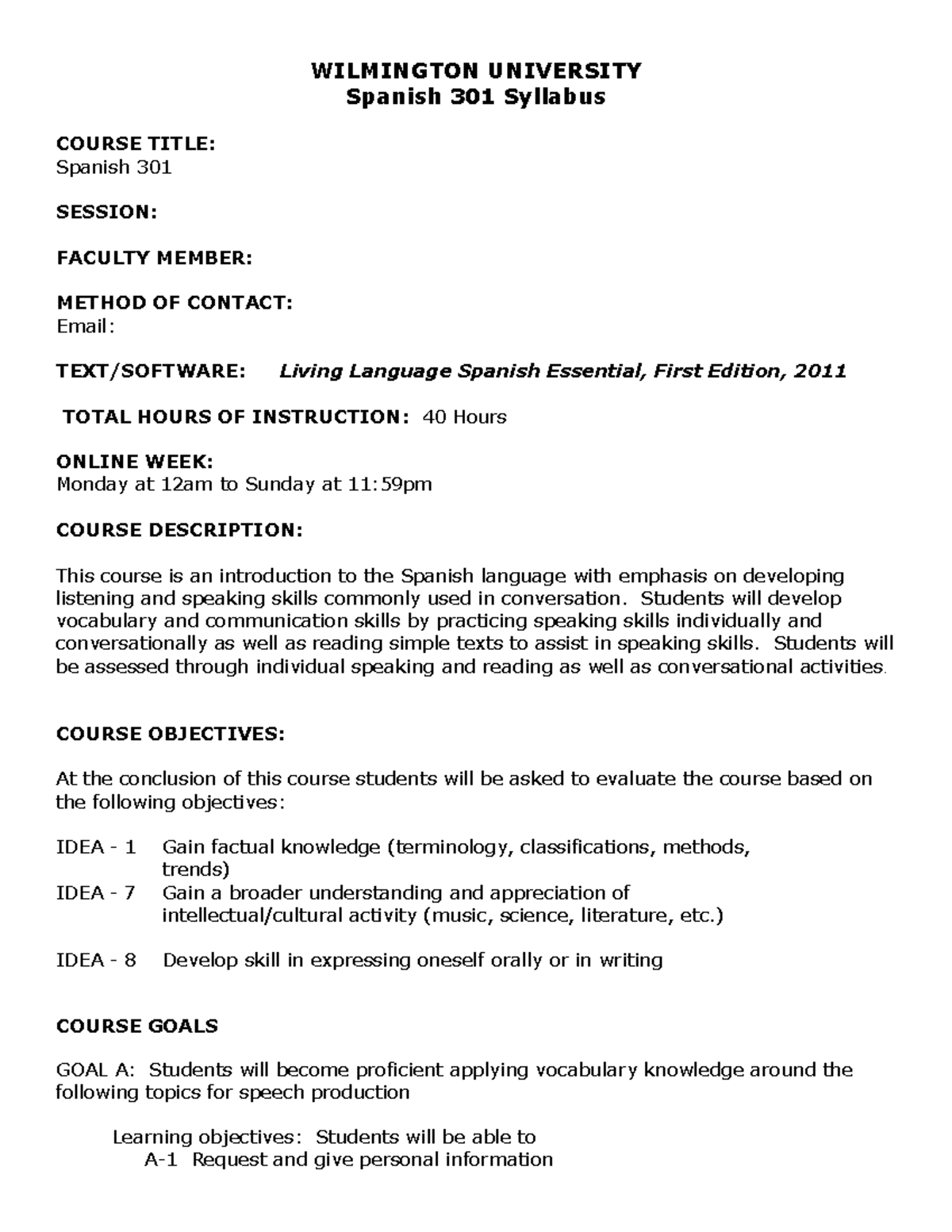 Spanish 301 Syllabus(1) - WILMINGTON UNIVERSITY Spanish 301 Syllabus ...