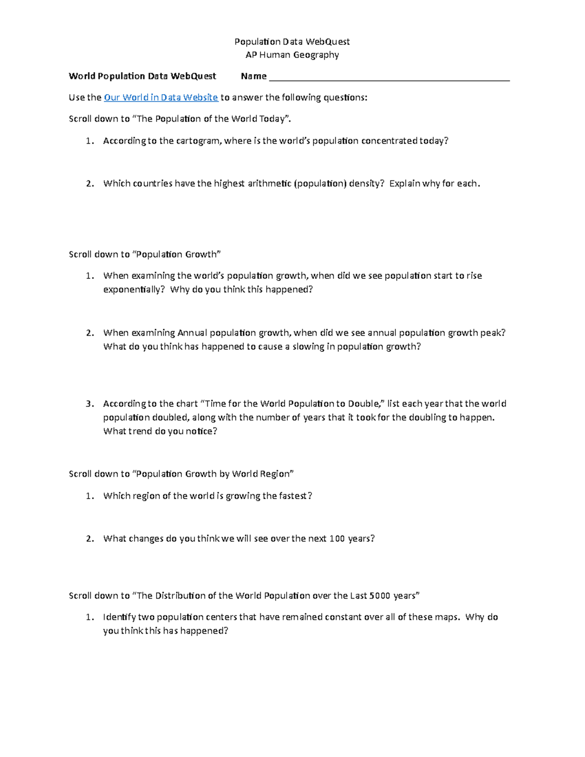 World Population Data Web Quest - Population Data WebQuest AP Human ...